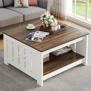HOMCOM Farmhouse Coffee Table with Storage, Large Square Coffee Table ...