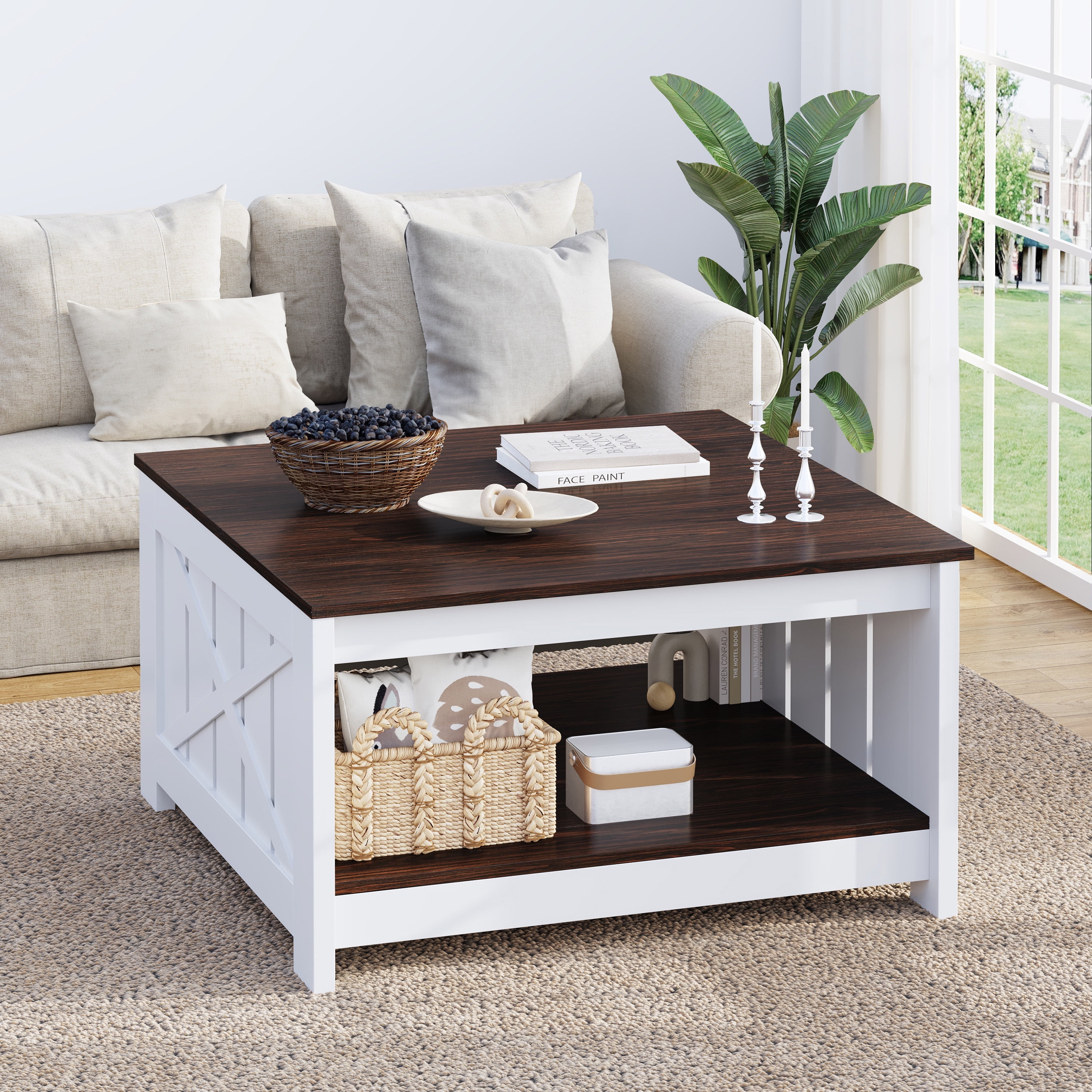 DEXTRUS Coffee Table with Storage Farmhouse Style Square Wood Dark ...
