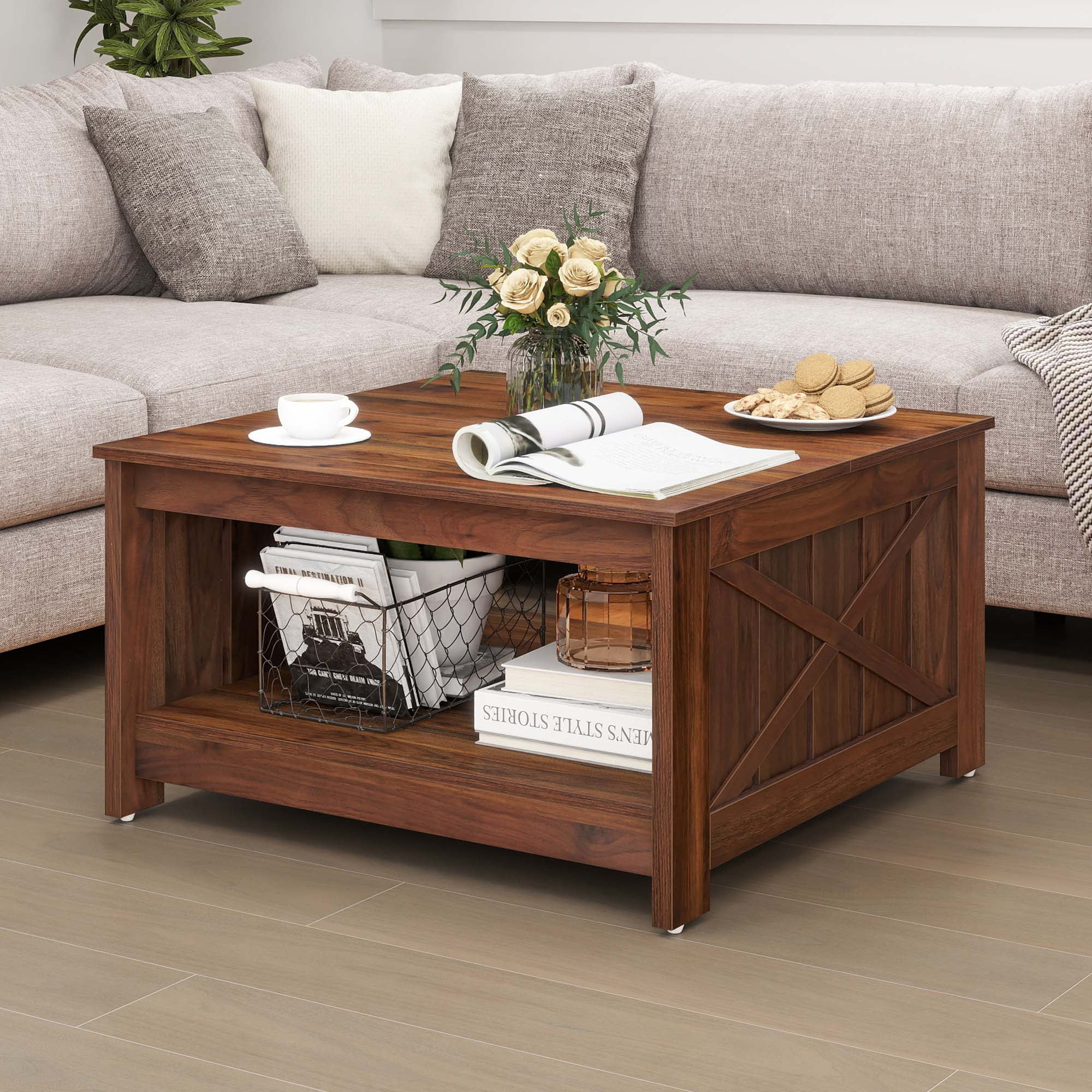 Dextrus Farmhouse Style Coffee Table with Storage, Square Wood Table ...