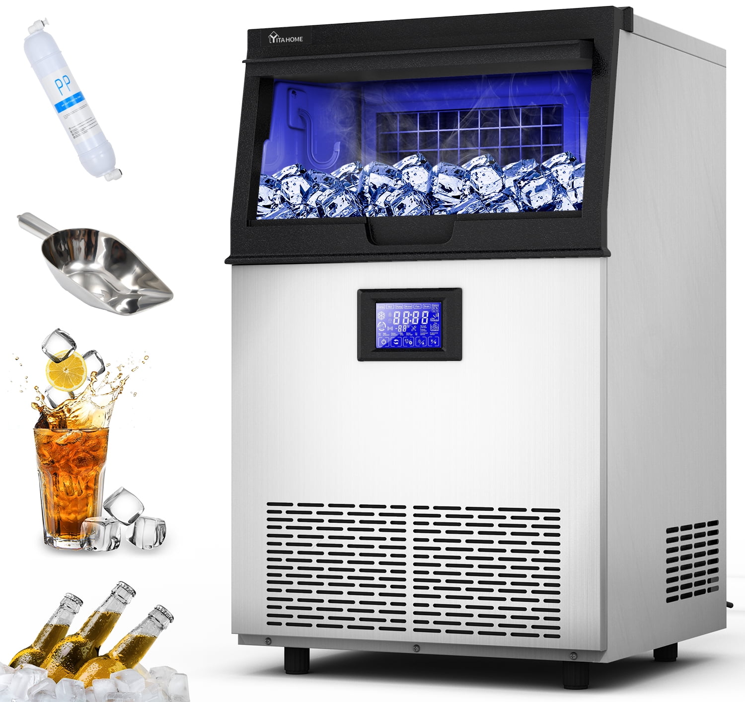 Dextrus Commercial Ice Maker 132lbs/24h with 33lbs Storage Bin ...