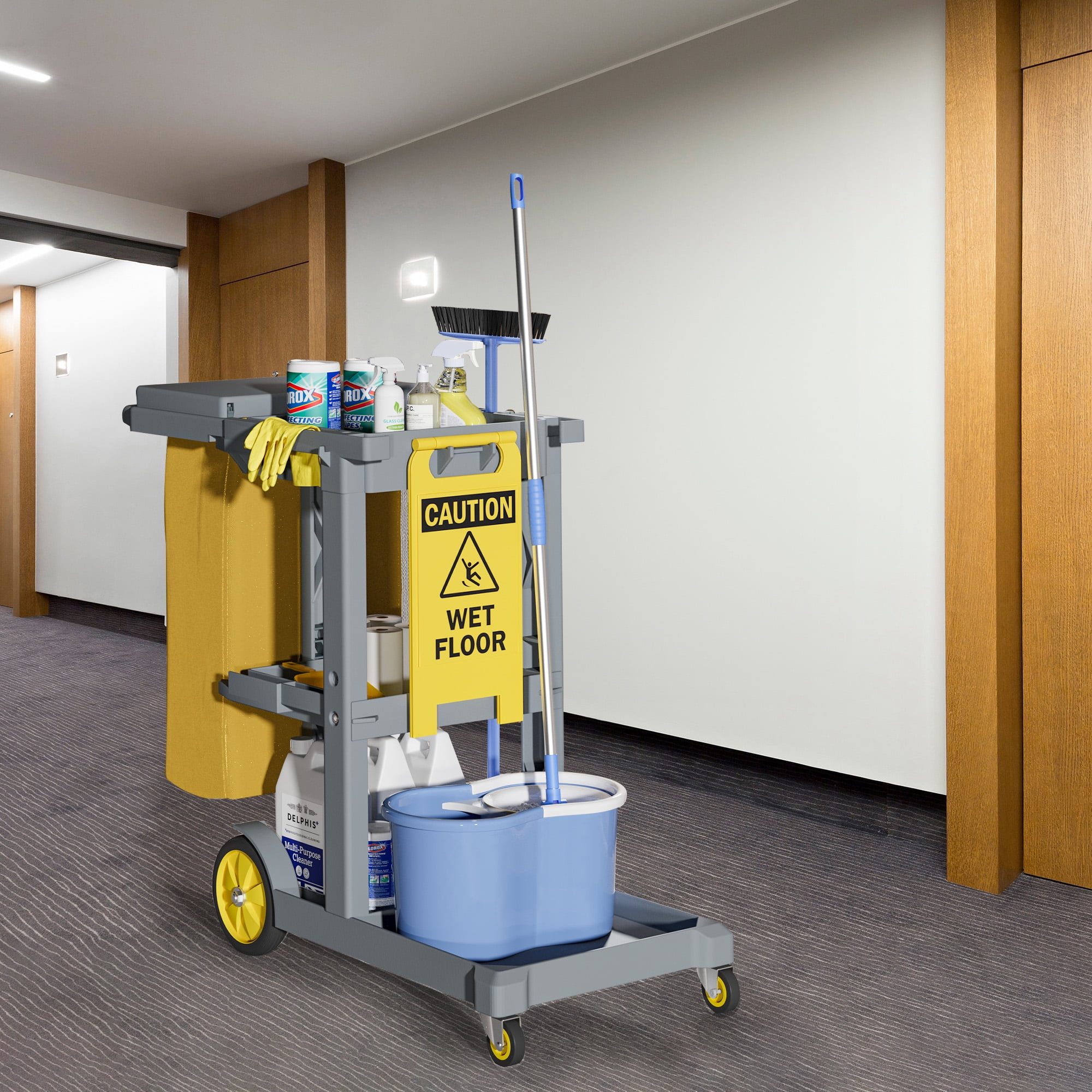 Dextrus Commercial Janitorial Trolley Cleaning Cart with 25-Gallon Bag ...