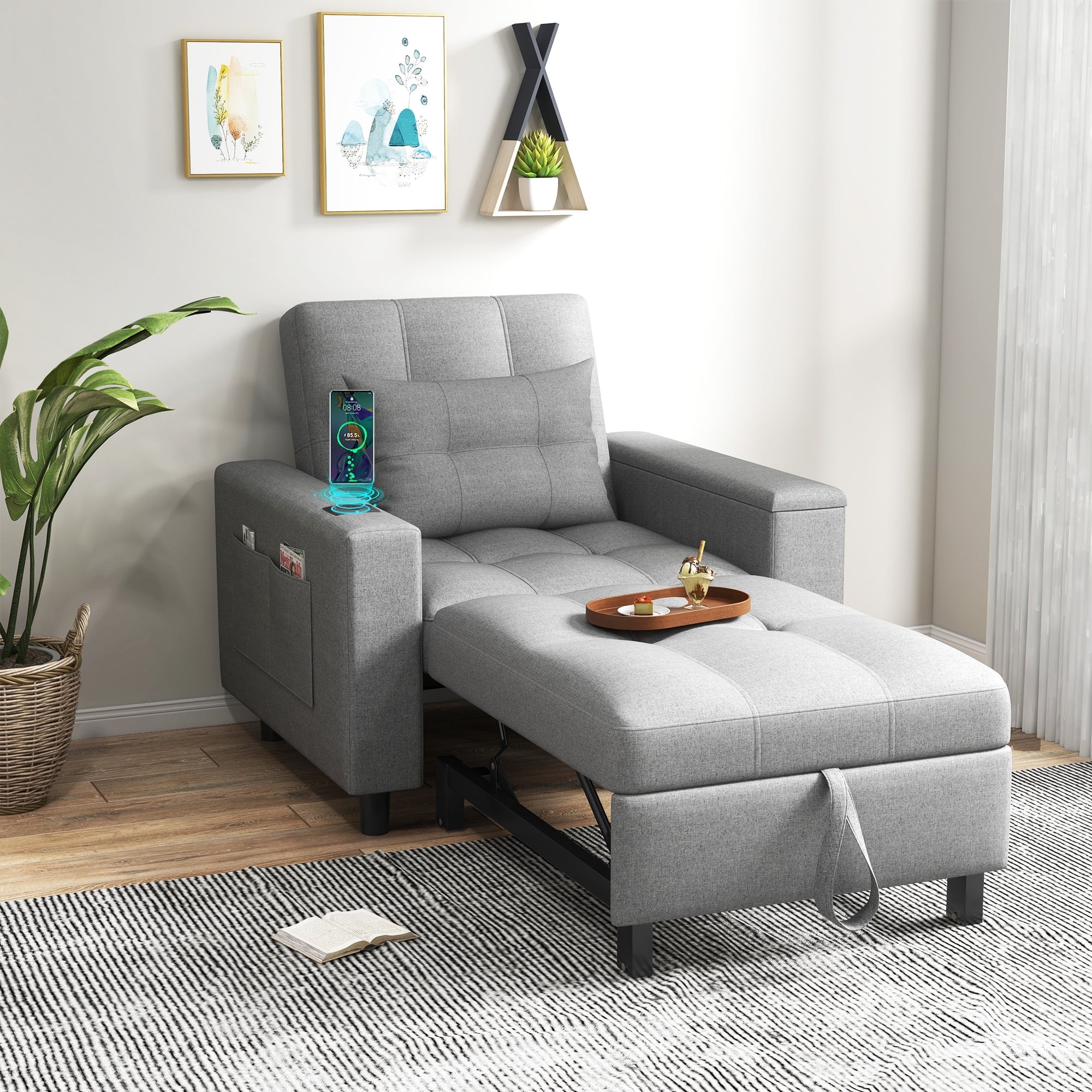 Dextrus Convertible Sleeper Chair Bed with Wireless and Type-C Charging, Pull-Out Sofa with ...