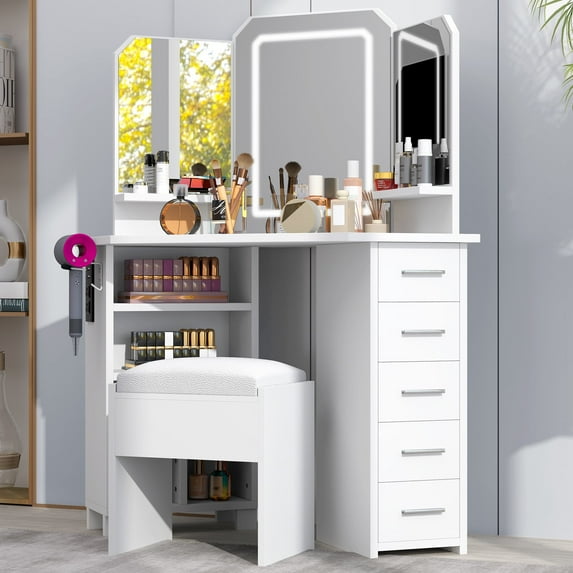 Dextrus Corner Makeup Desk Ensemble featuring Tri-Fold Mirror and ...