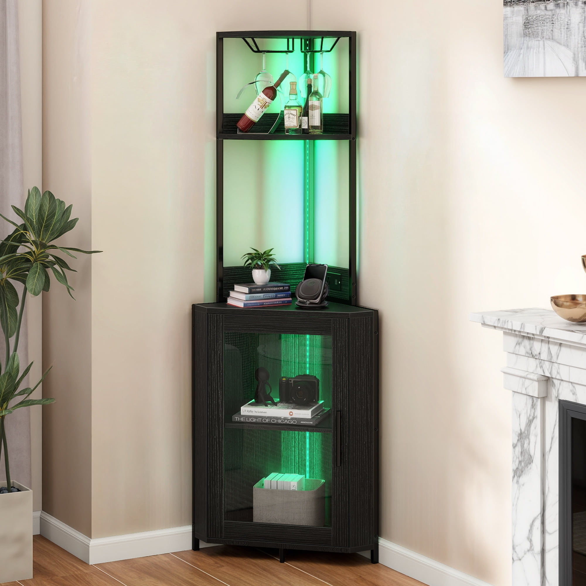 Dextrus Corner Shelf with Door & LED Light, 5 Tier Corner Bar Cabinet ...