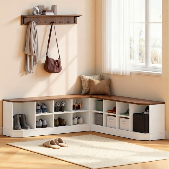 Dextrus Corner Shoe Cabinet with Bench & Hooks, L Shape Shoe Cube with ...