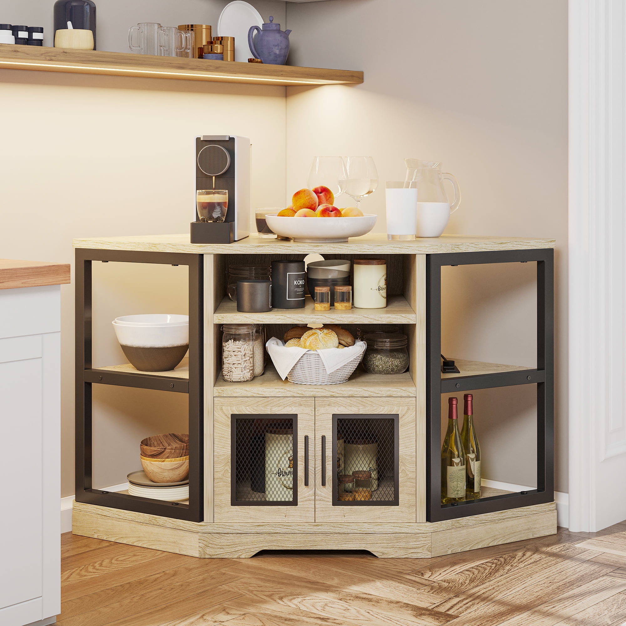 DEXTRUS Corner Storage Cabinet, Farmhouse Buffet Sideboard with Power ...