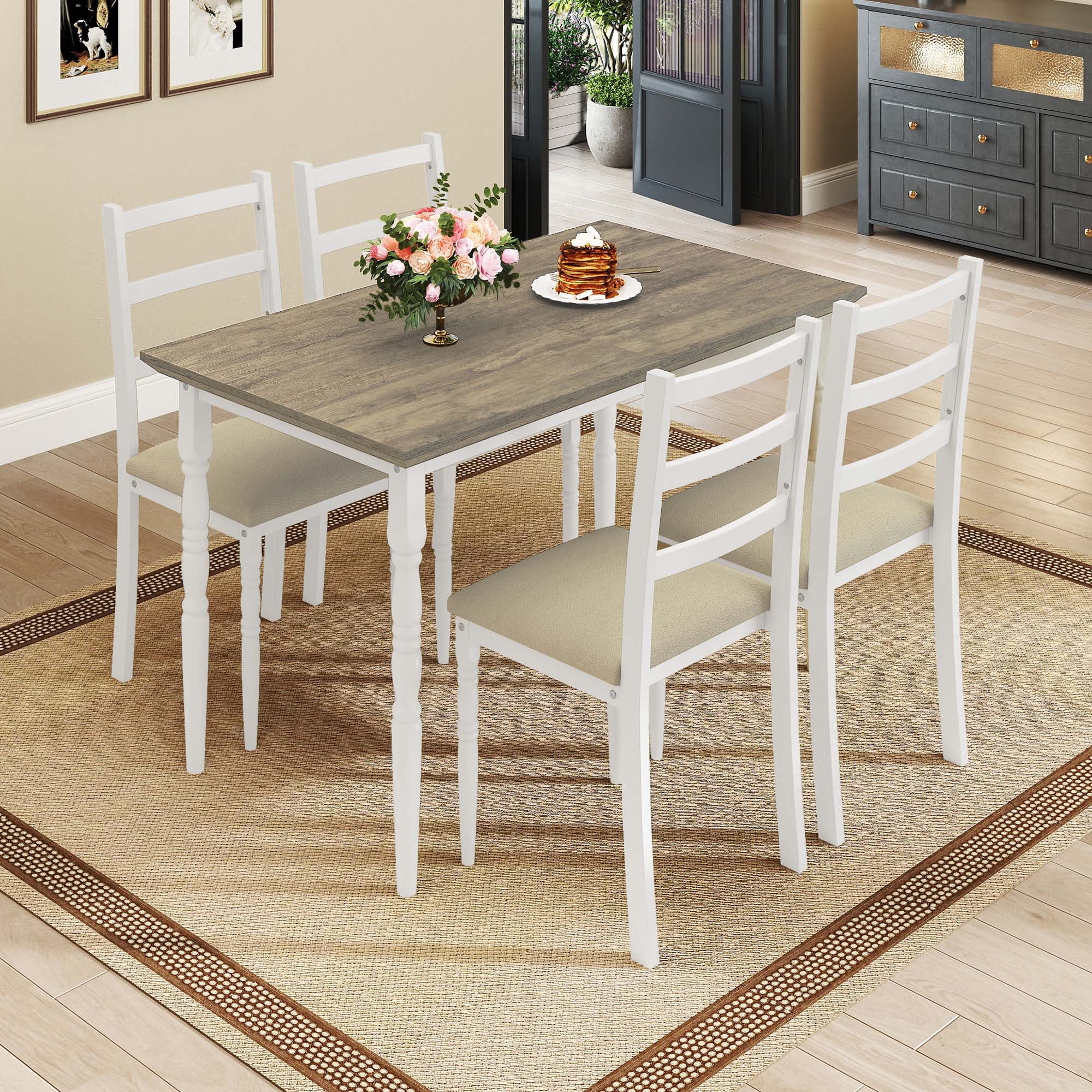 Dextrus Dining Table Set for 4, Modern 5 Piece Rectangular Table Set with 4 Upholstered Chairs ...