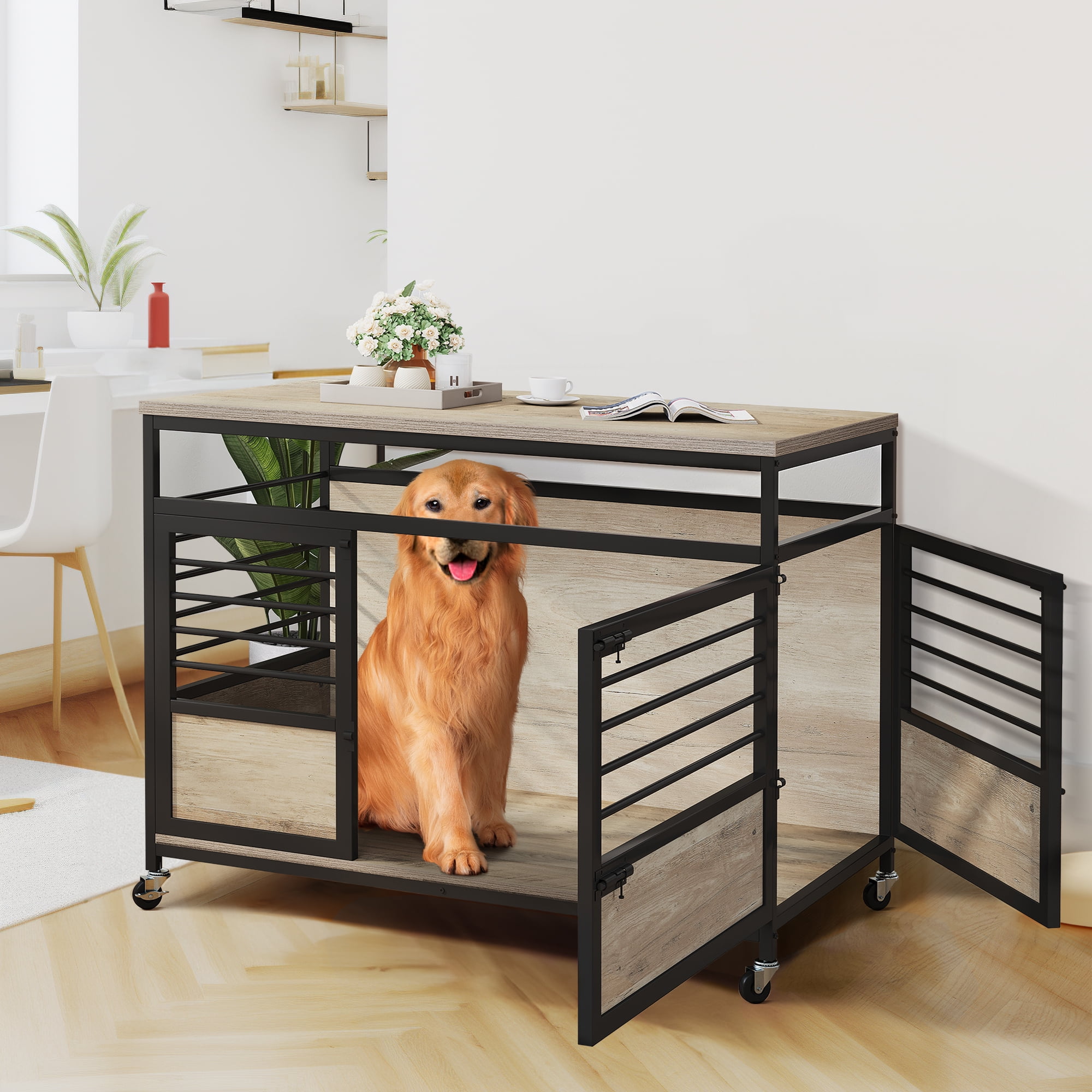 Dextrus Dog Crate Furniture with Wheels, 39.4 inch large Wooden Indoor ...