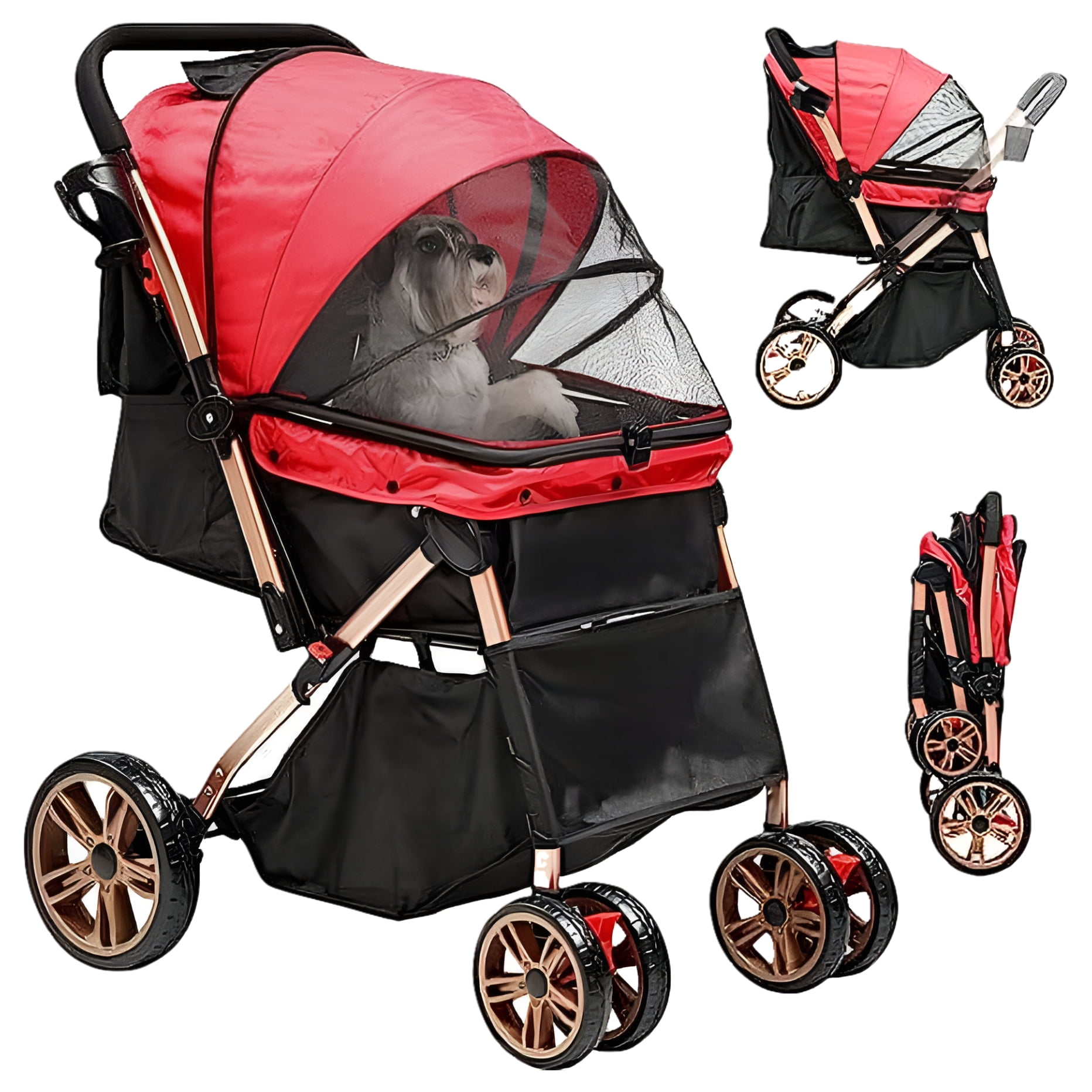 Dextrus 4-Wheel Foldable Pet Stroller for Small-Medium Dogs & Cats with ...
