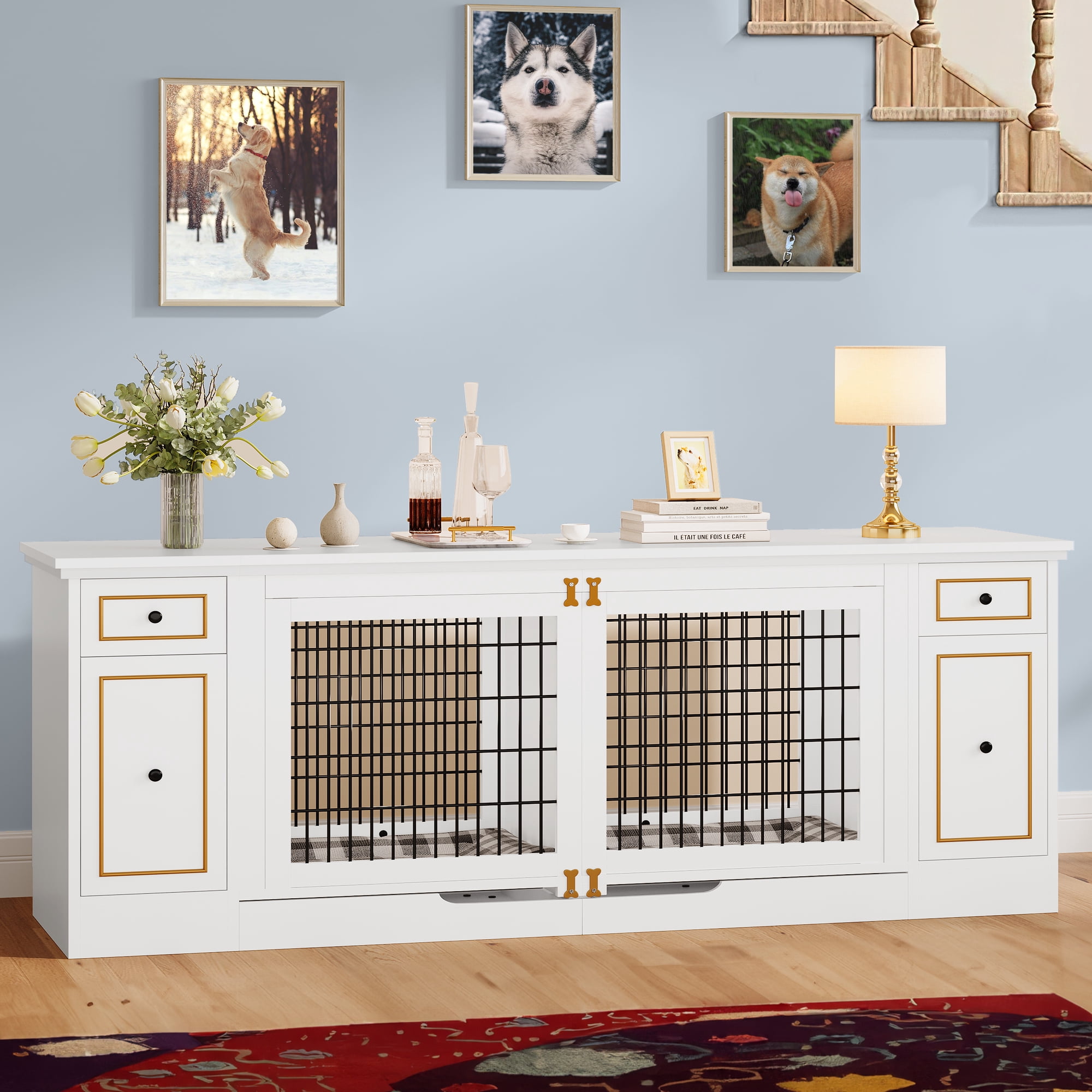 "Dextrus 79"" Double Kennel, Indoor Wooden Dog Crate Furniture with ...