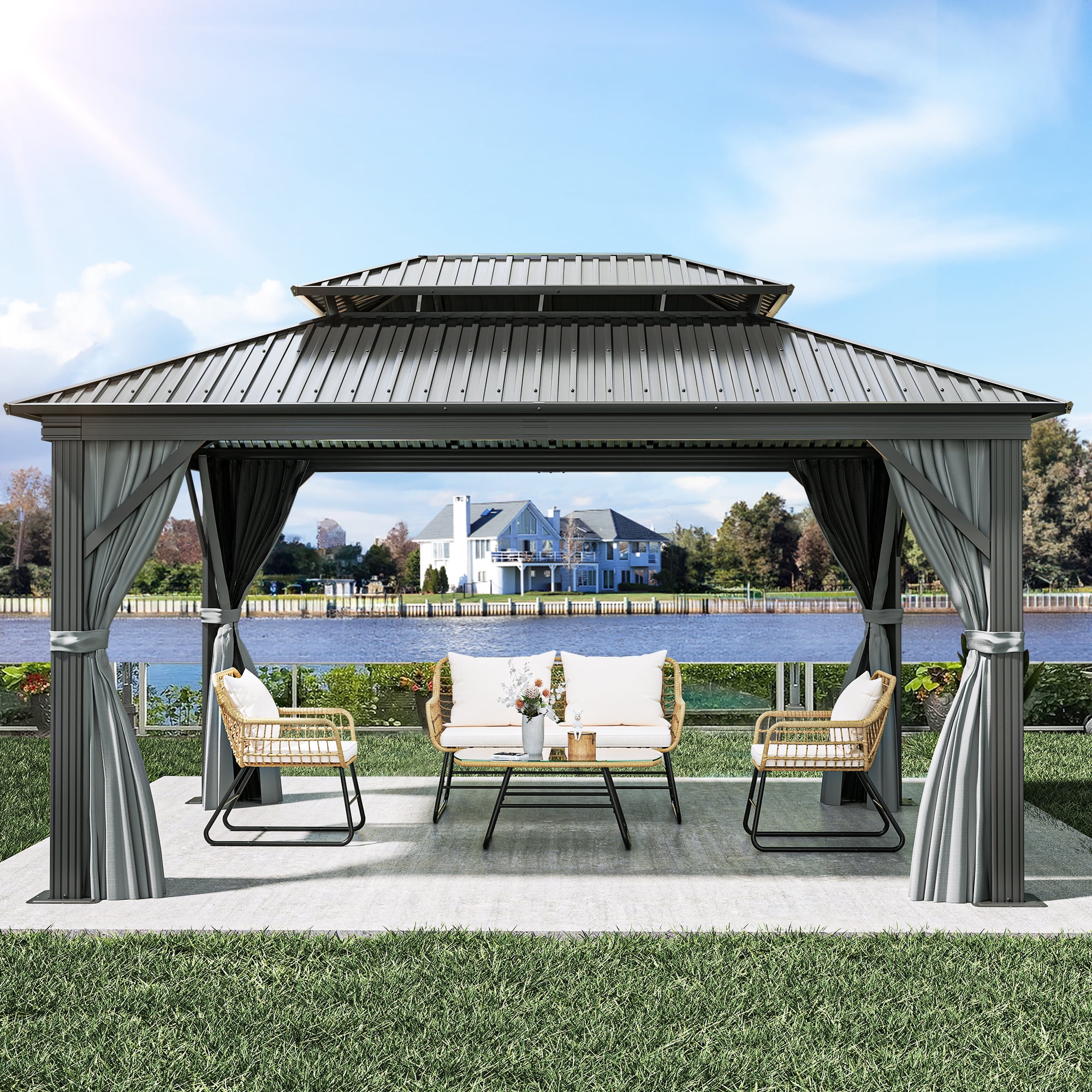 Dextrus Double Roof Hardtop Gazebo, Heavy Duty Hardtop with Netting and ...