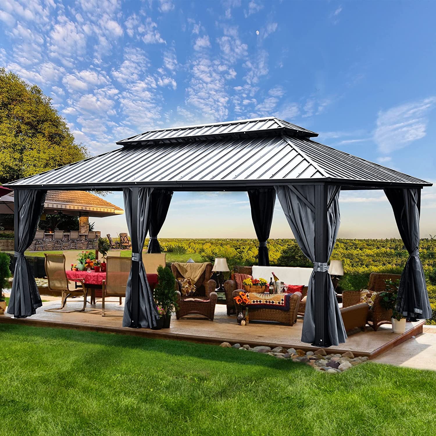 DEXTRUS Double Roof Hardtop Gazebo, Heavy Duty with Netting and ...