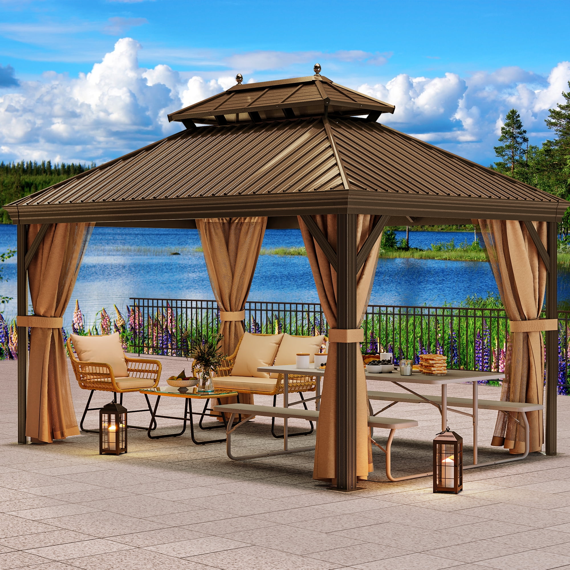 Dextrus 12x16ft Hardtop Gazebo with Galvanized Permanent Roof & Netting ...