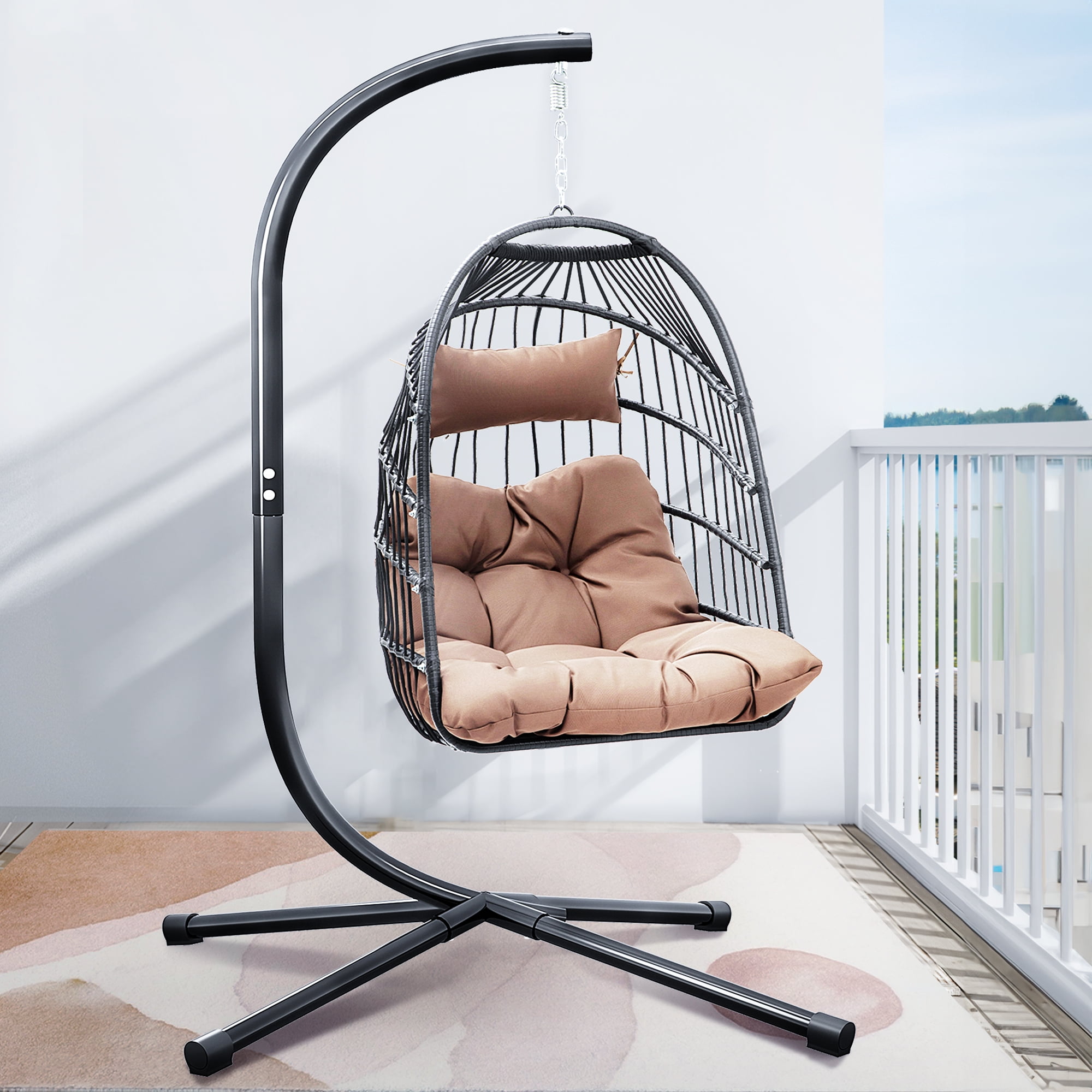 Dextrus Egg Swing Chair Brown Hanging Wicker Hammock Chair with Sturdy Steel Stand and UV Resistant Cushion Supports Up to 330lbs Perfect for Patio
