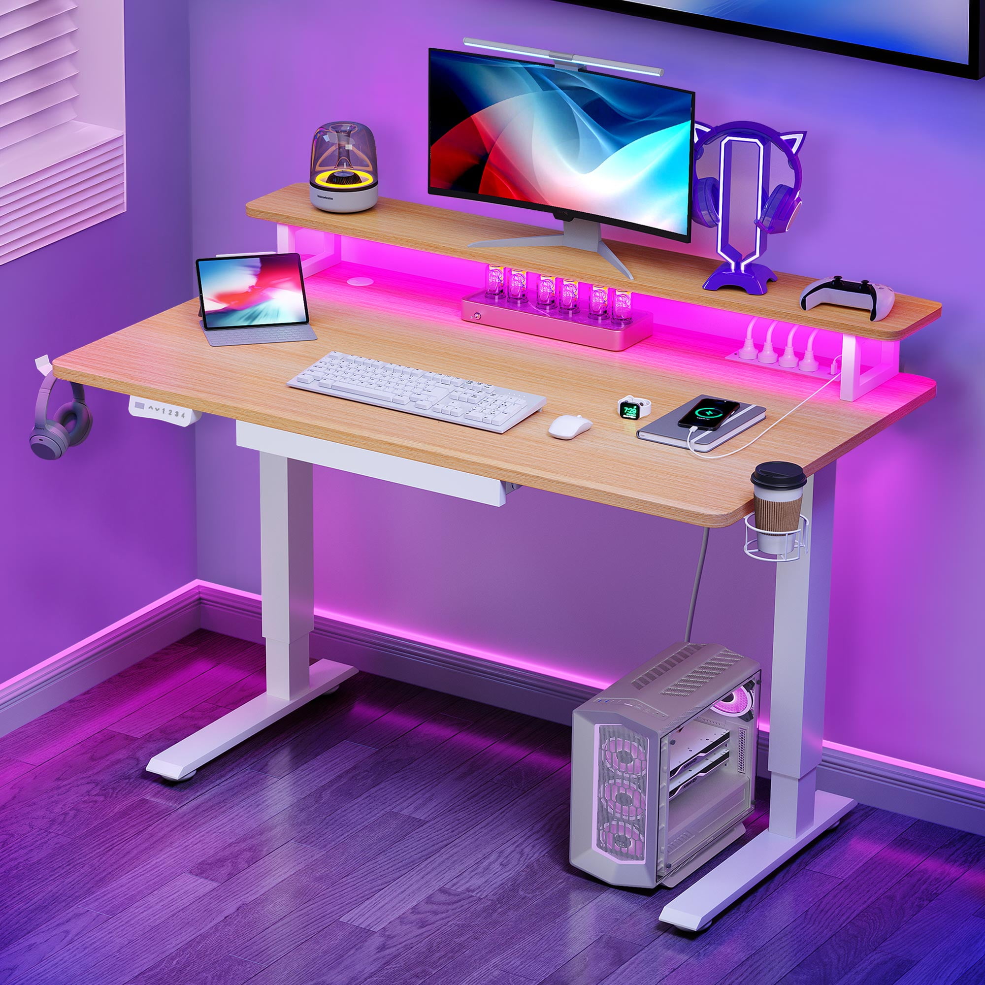 Dextrus Electric Height Adjustable Standing Desk with LED Light & Power ...