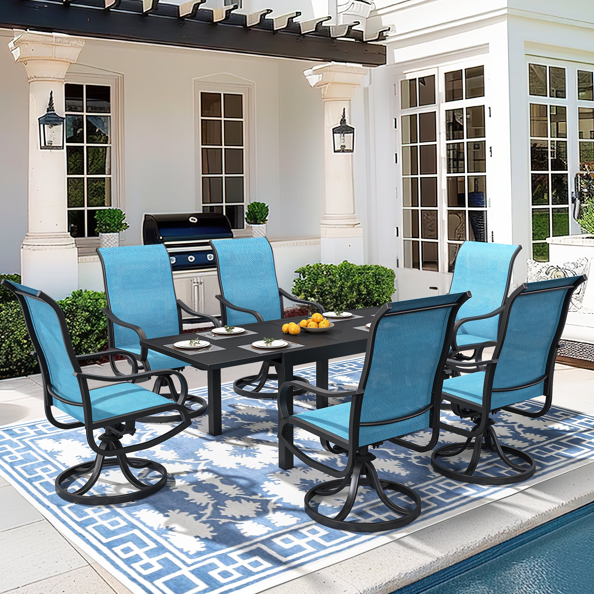 Dextrus 7-Piece Metal Swivel Patio Dining Set, 6 Chairs & Expandable ...
