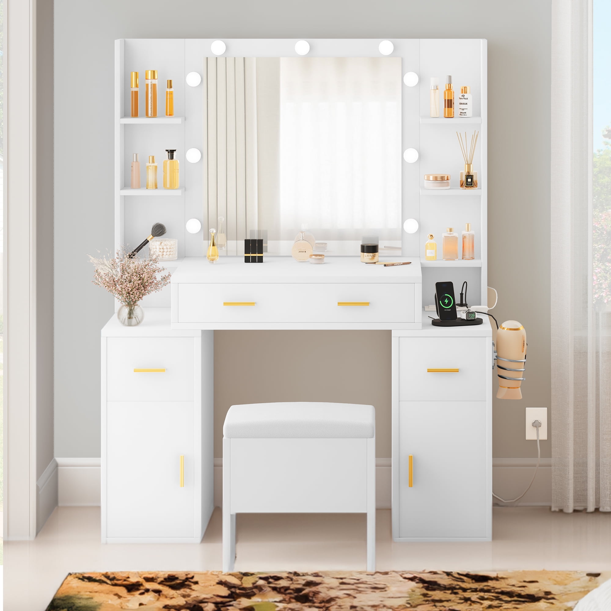 Dextrus Elegant Makeup Vanity Set with Lighted Mirror and Drawers ...