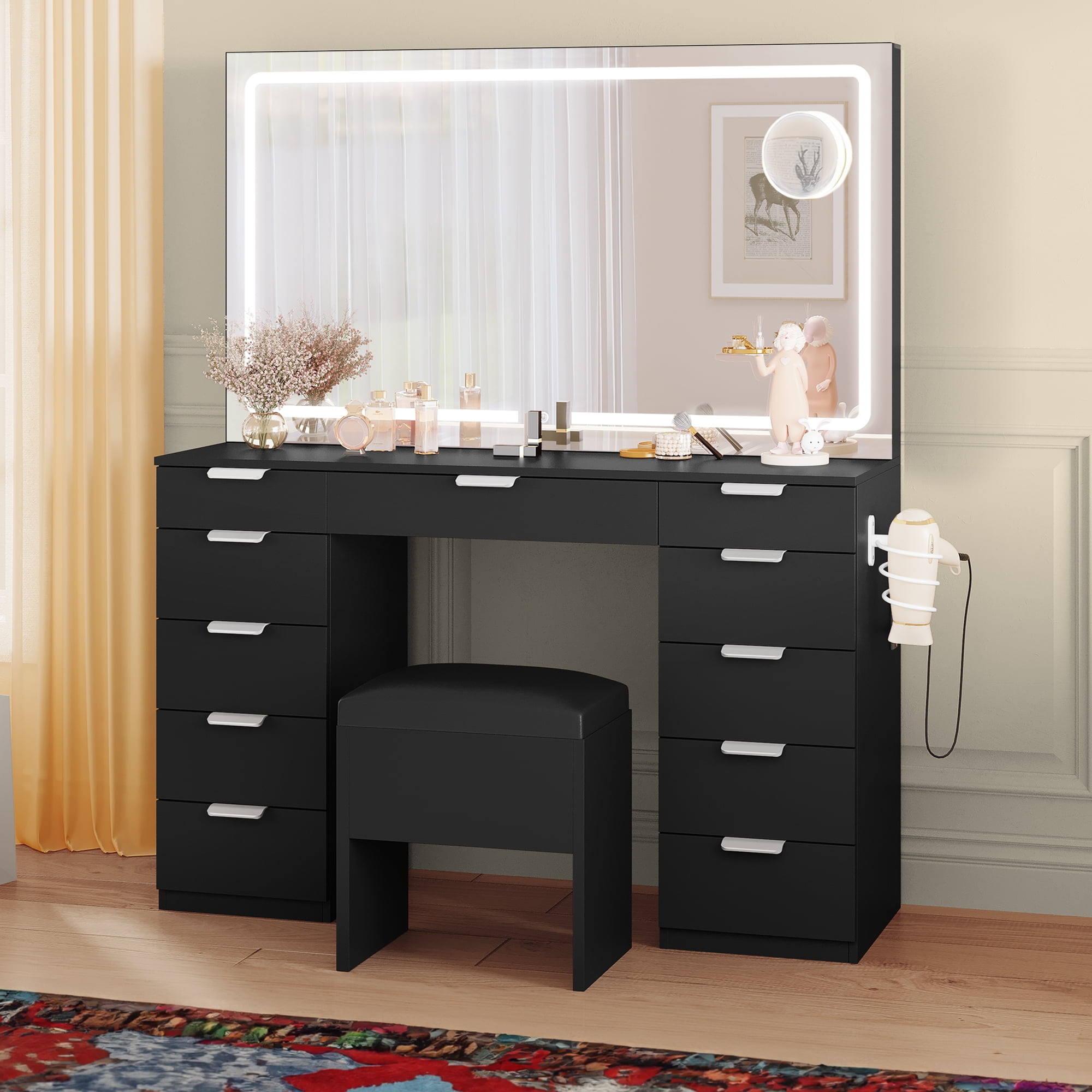 Dextrus Vanity Desk Set with LED Mirror, Power Outlet & Stool - 11 ...