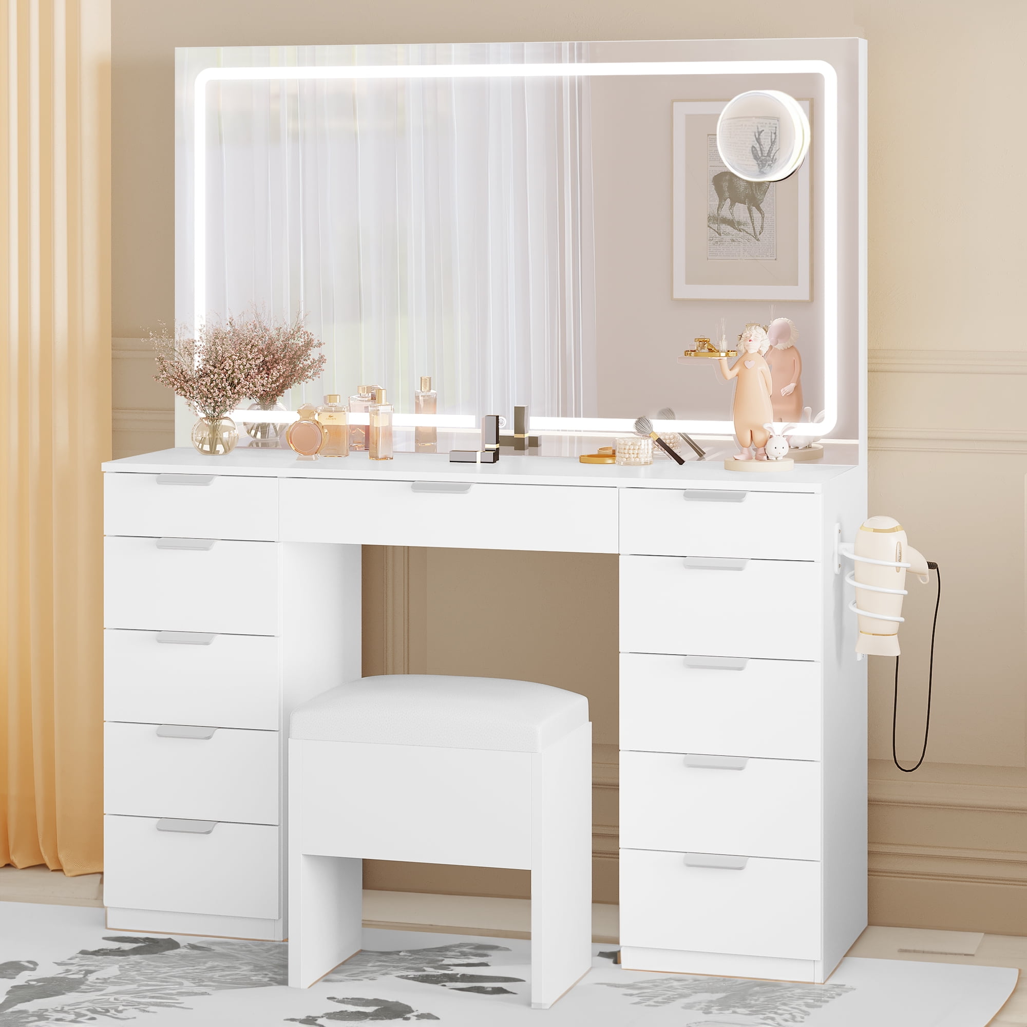 "Dextrus 46"" LED Vanity Desk Set with Outlet & Mirror - 11-Drawer ...