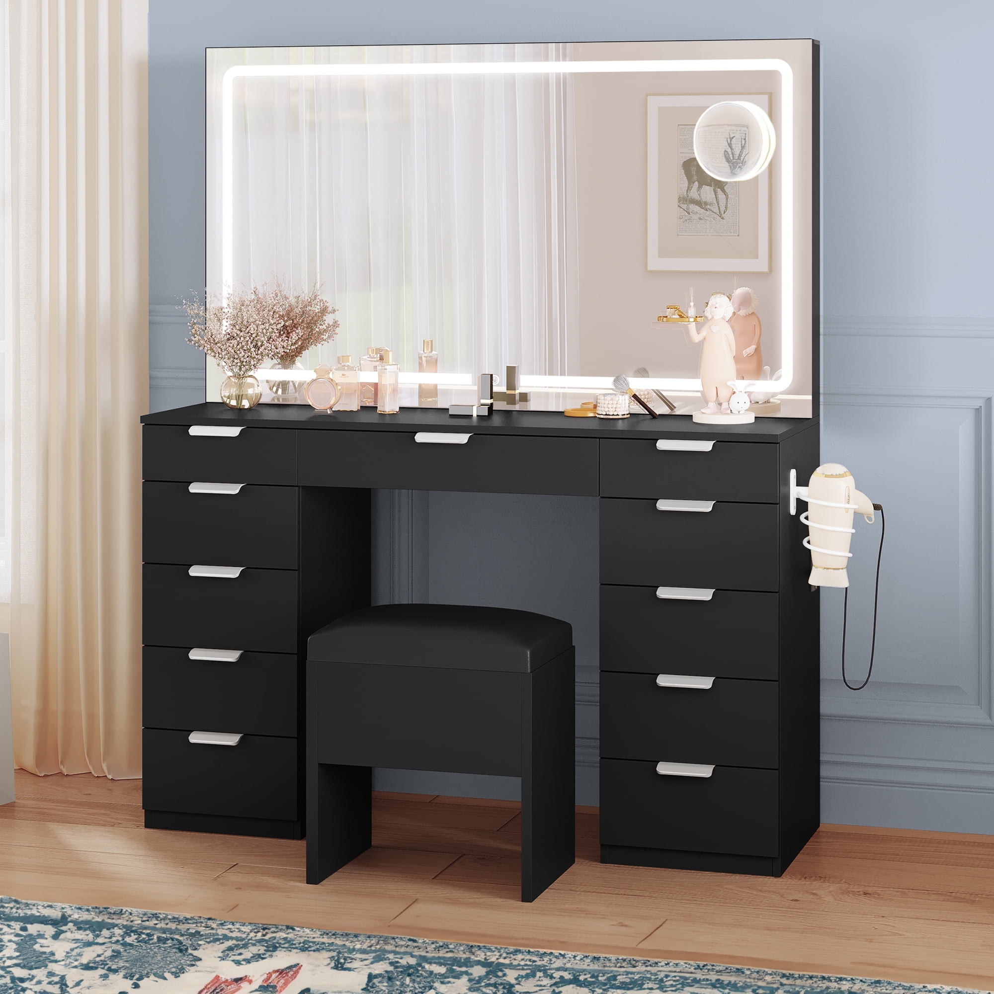 Dextrus Elegant Vanity Desk Set with Large LED Mirror & Power Outlet ...