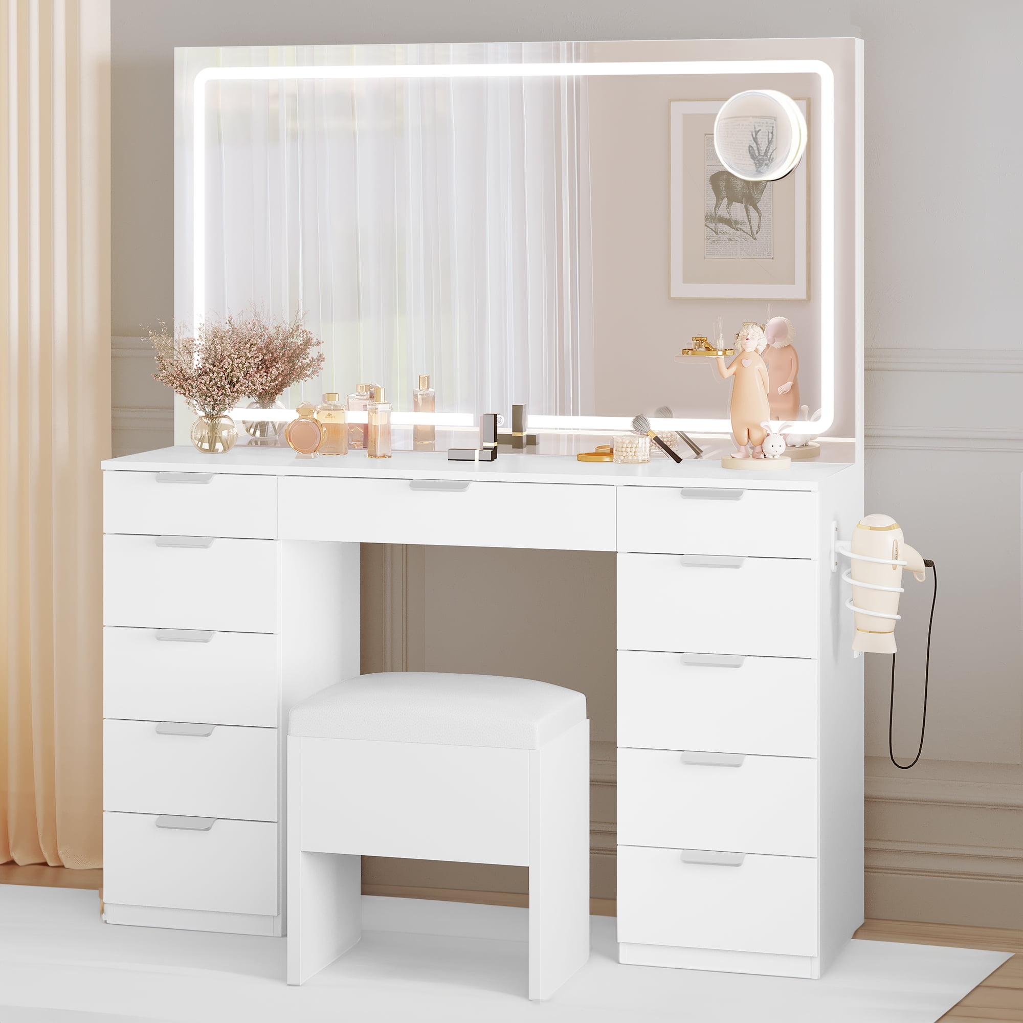 Dextrus Elegant Vanity Desk Set with Large LED Mirror & Power Outlet ...