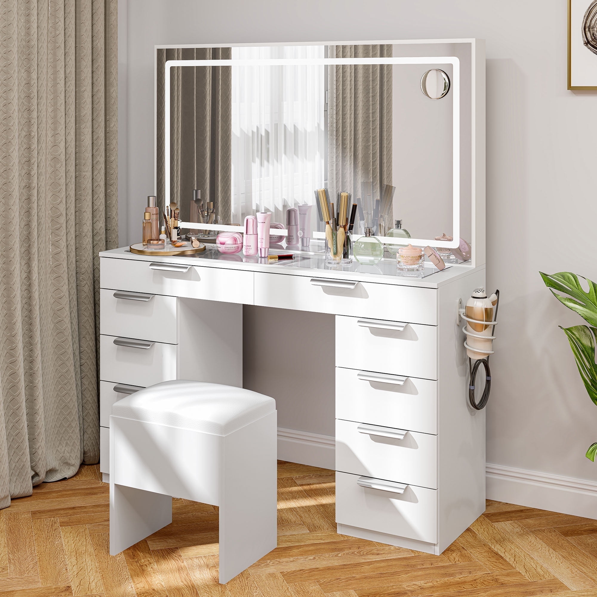 Dextrus Elegant Vanity Desk Set with LED Lighted Mirror and Glass Top ...