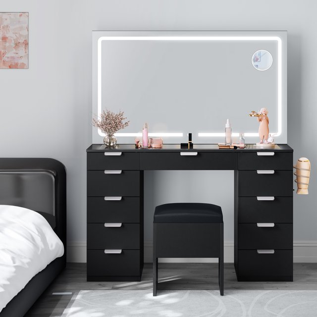 Dextrus Elegant White Vanity Desk Set with LED Lighted Mirror and Glass ...