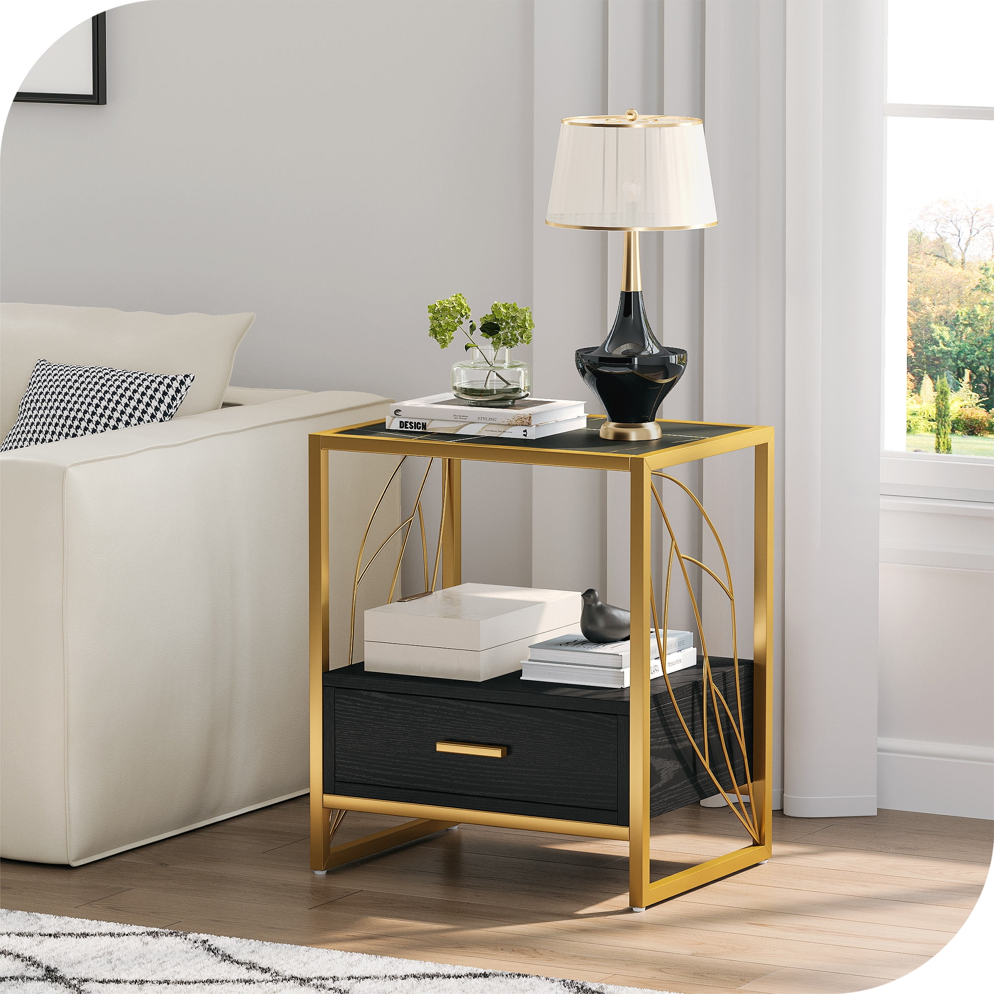 Dextrus End Table with Drawer and Storage Shelf, Modern Nightstand ...