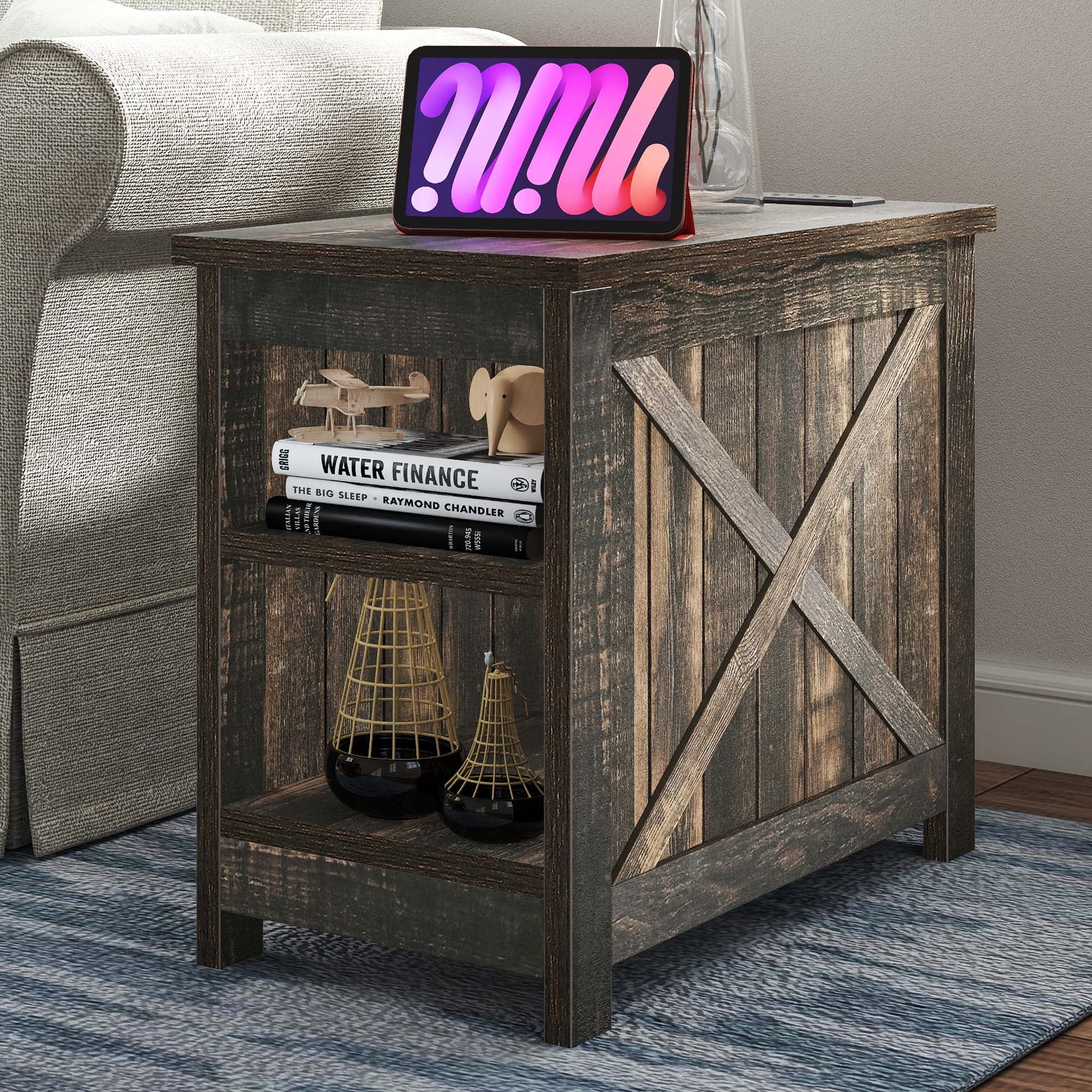 DEXTRUS End Table with Charging Station, Farmhouse Nightstad Side Table ...