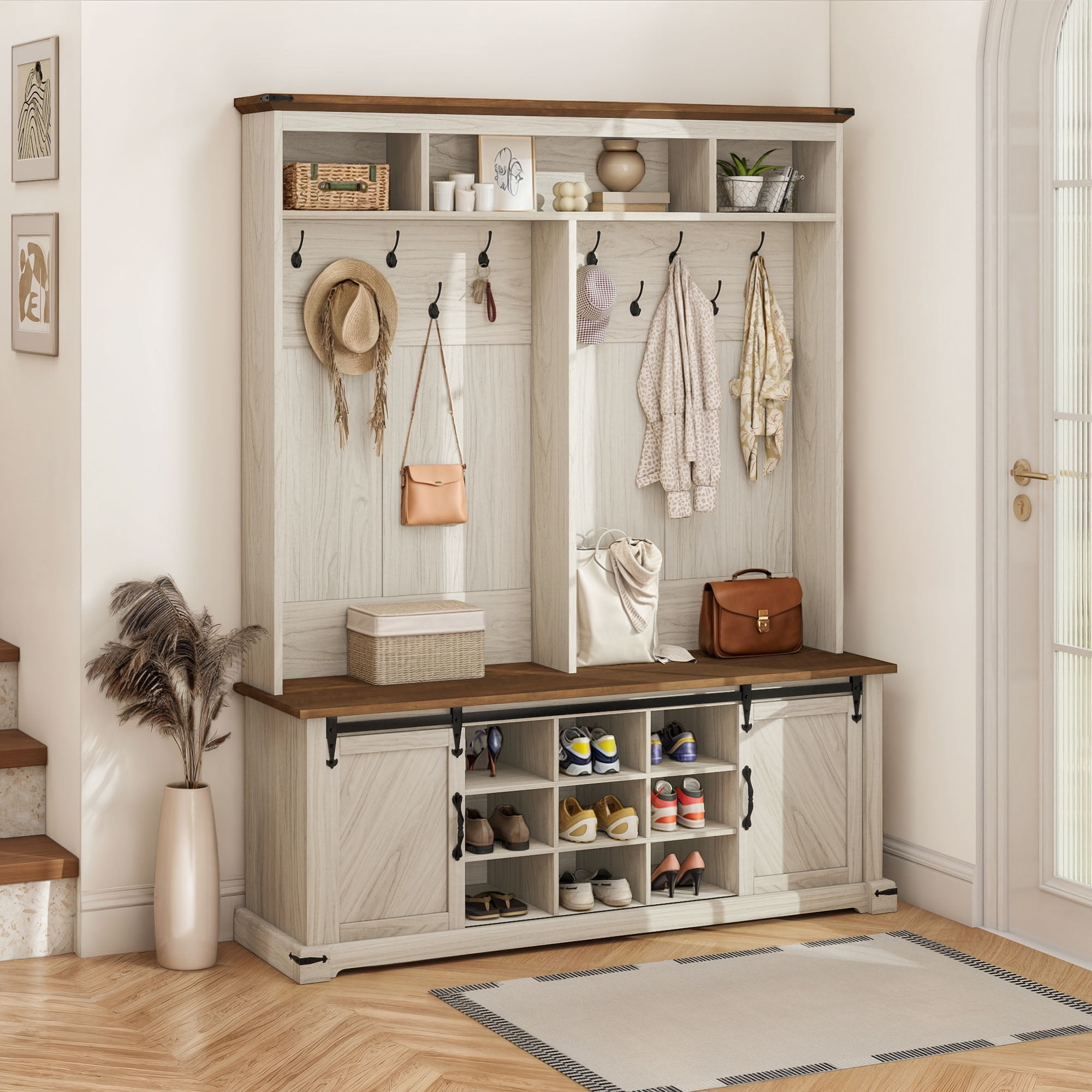 Dextrus Entryway Bench with Coat Rack, 4-in-1 Hall Tree with Shoe ...