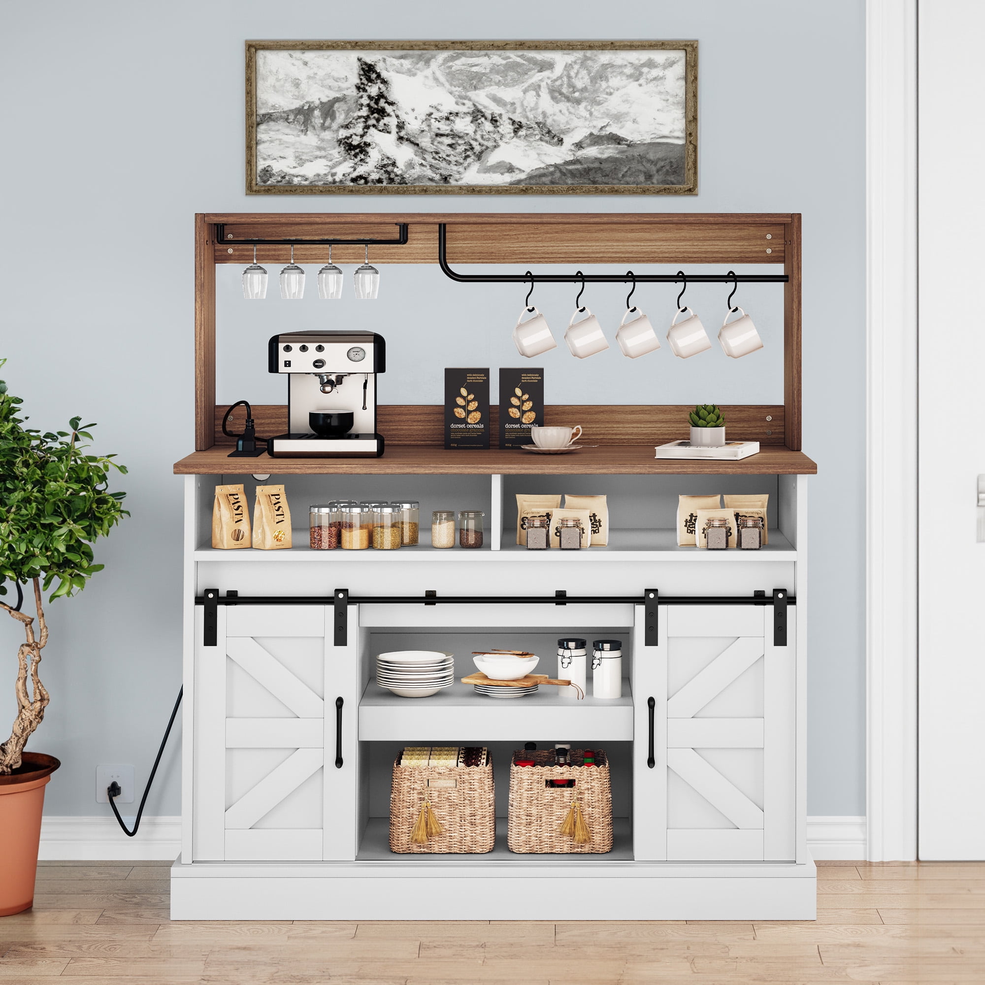 Dextrus Farmhouse Coffee Bar Cabinet with Power Outlets, Goblet Holder ...