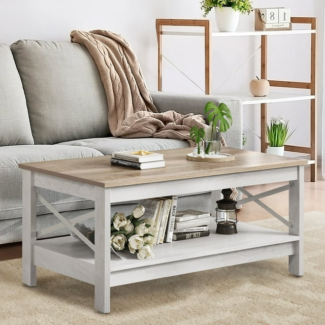 Dextrus Modern Farmhouse Coffee Table, 2-Tier with Open Storage Shelf ...