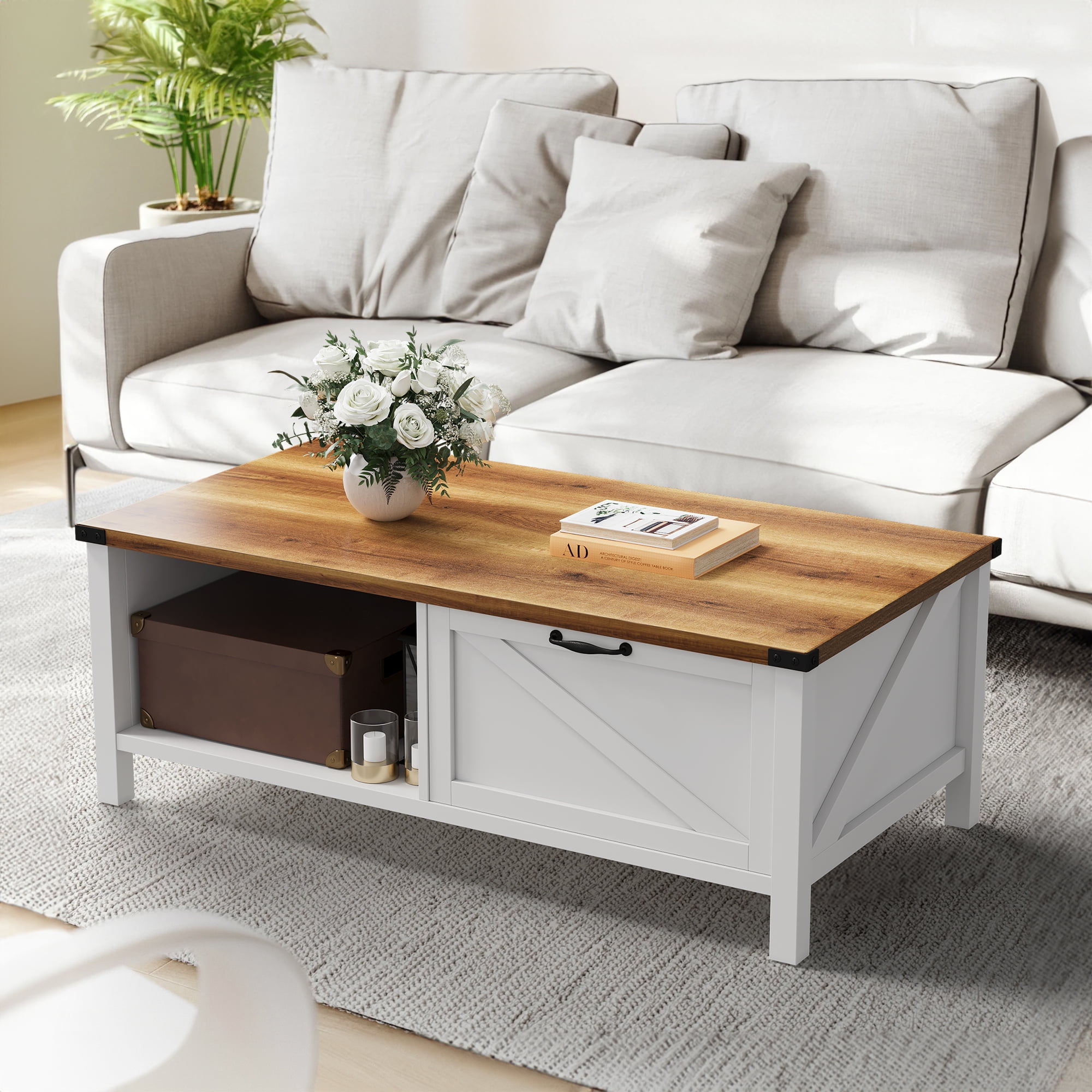 Dextrus Farmhouse Coffee Table with Storage, 2-Tier Storage Open Shelf ...