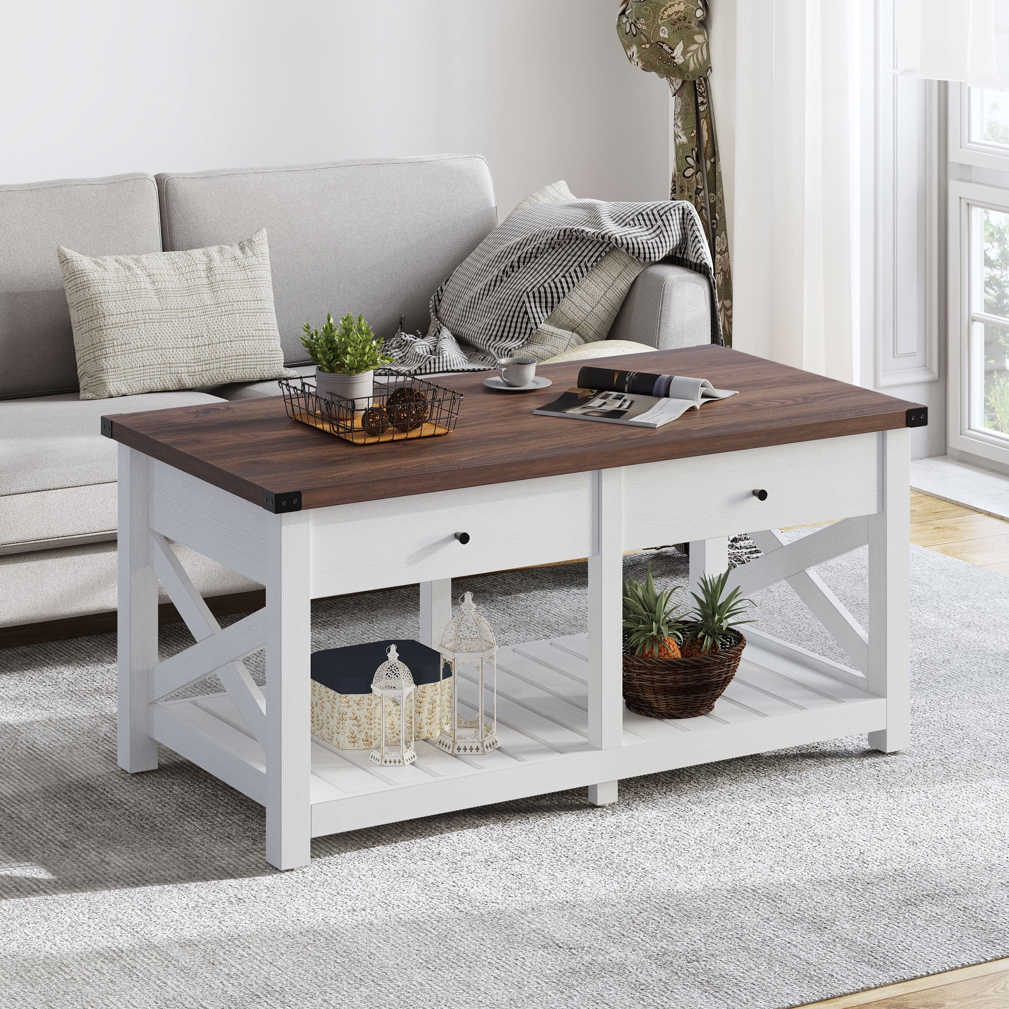 DEXTRUS Farmhouse Coffee Table, Rustic Storage Drawers, Shelf, X-Shaped ...