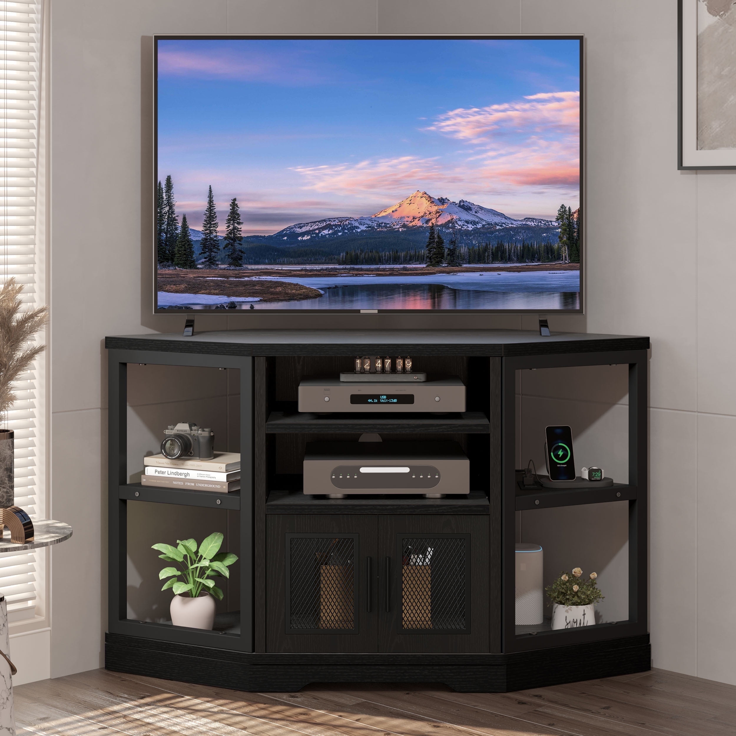 Dextrus Farmhouse Corner TV Stand for 55 inch TVs Wood Center with Outlet Media Console Storage Black Walmart