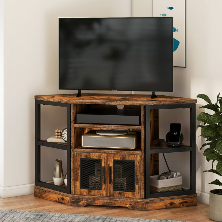 Dextrus Farmhouse Corner TV Stand for TVS Up to 55 inch with Power Outlet Wood Entertainment Center TV Media Console with Storage Walnut