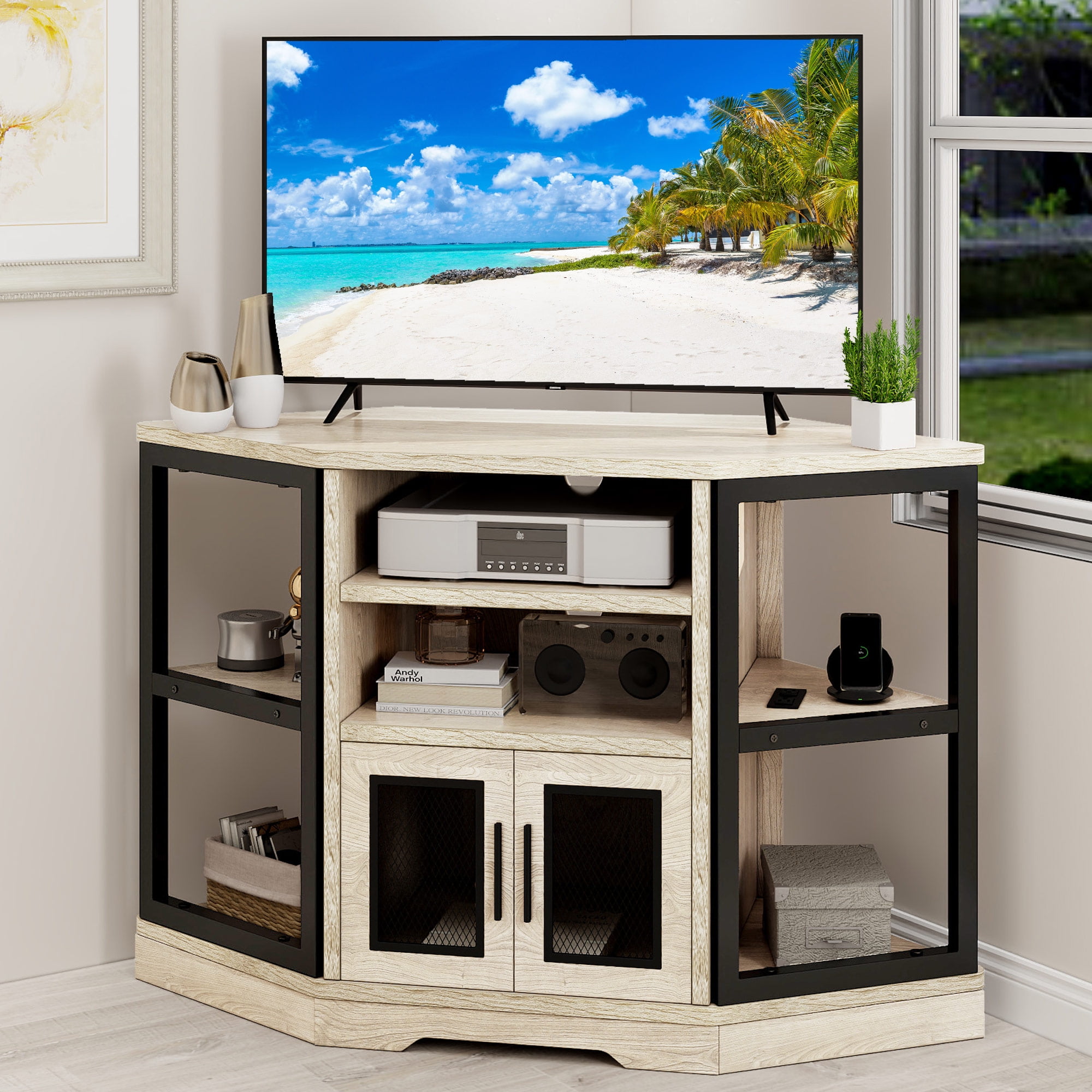 Dextrus Farmhouse Corner TV Stand for TVs up to 55 inch with Power Outlet Wood Entertainment Center TV Media Console with Storage White Oak