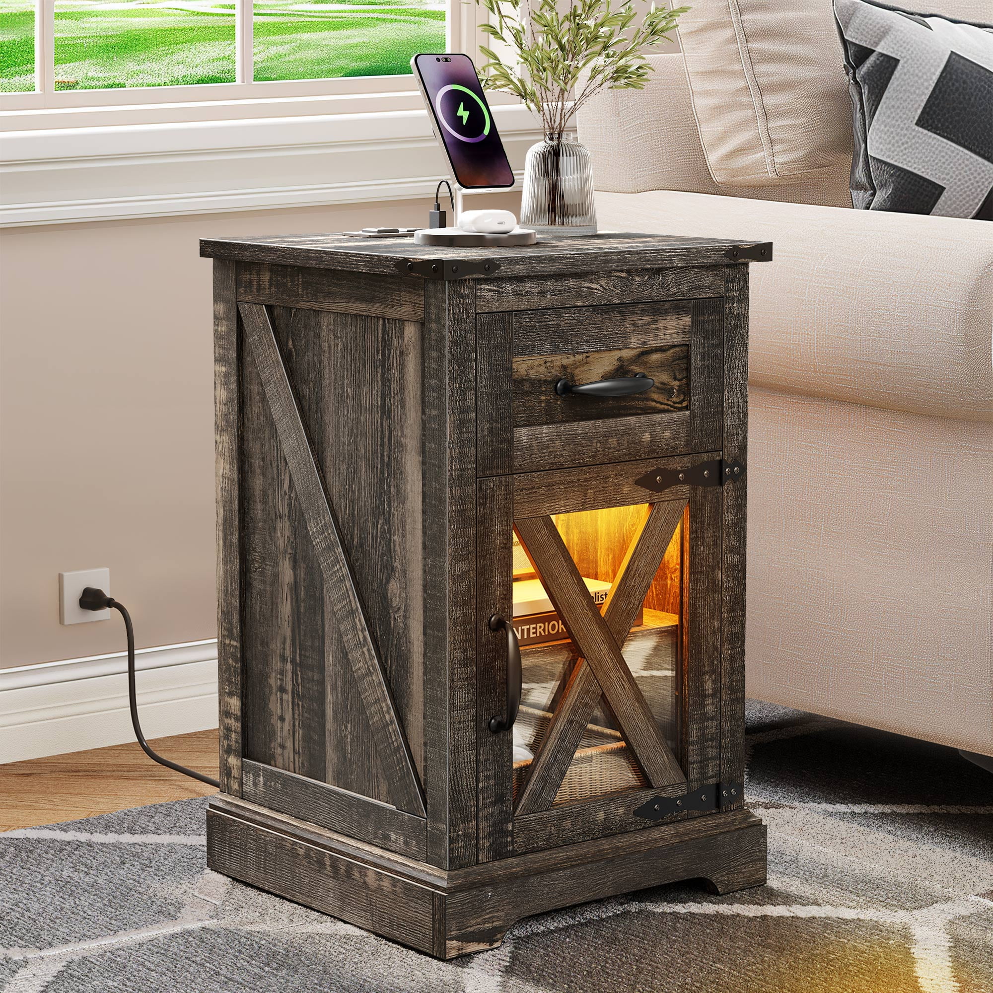 Dextrus Farmhouse End Table with Charging Station and LED Lights, Side ...
