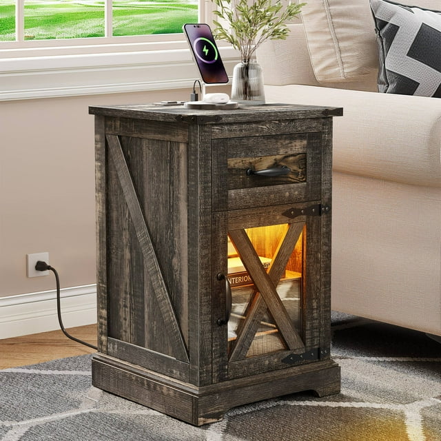 Dextrus Farmhouse End Table with Charging Station and LED Lights, Side ...