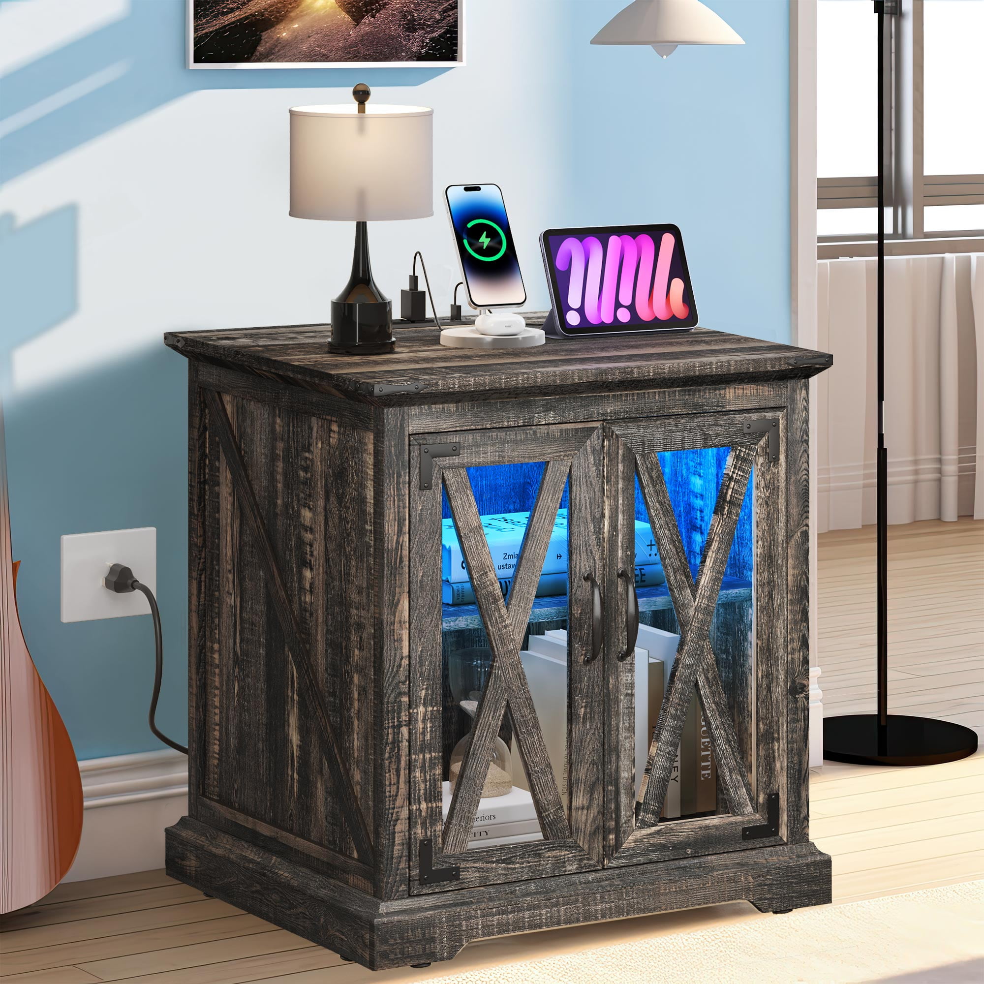 Dextrus Farmhouse End Table with Charging Station & LED Lights, Side ...