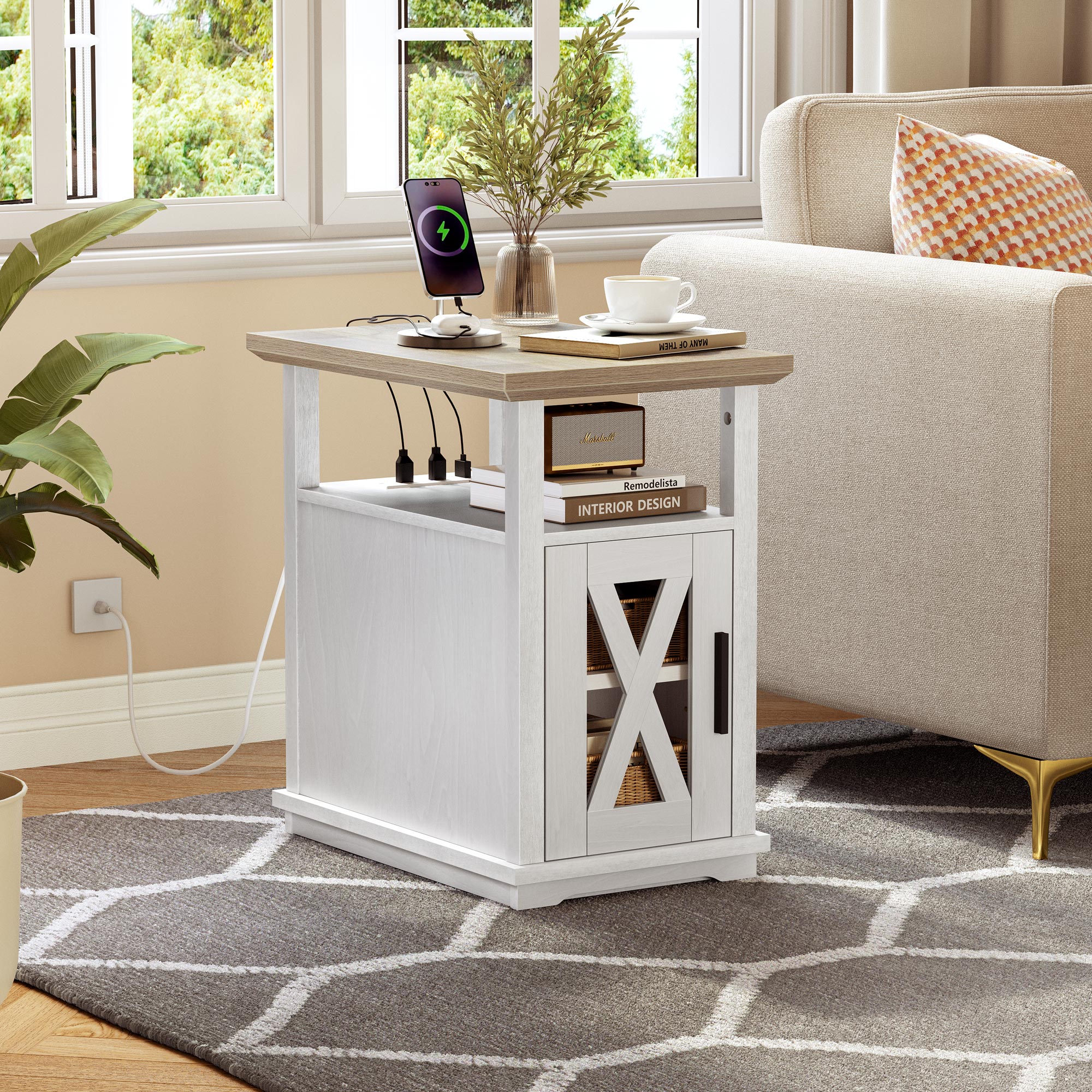 eHemco 3 Tier X-Side End Table with 3 Natural Water Hyacinth Wicker ...