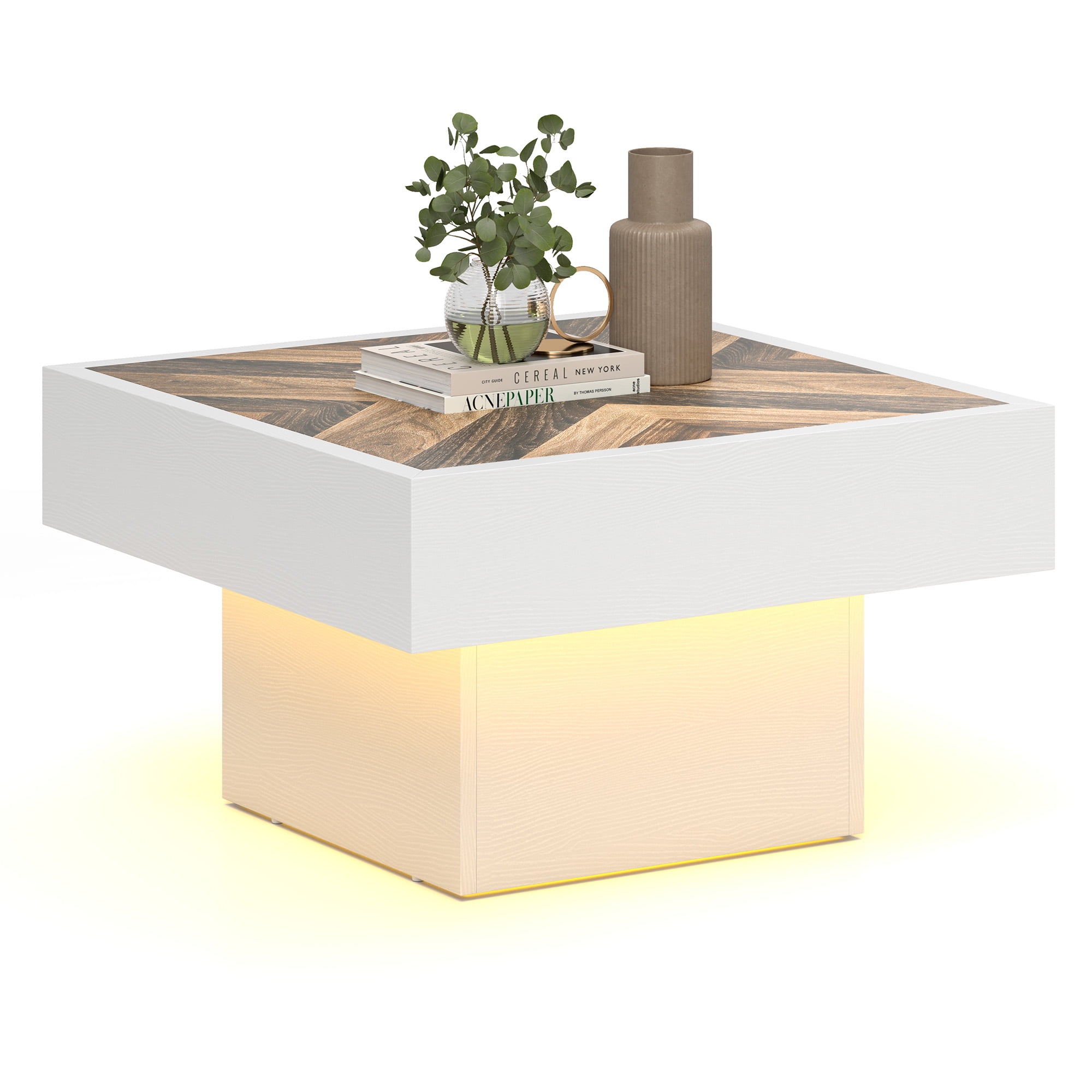 Dextrus Farmhouse LED Coffee Tables Square Center Table with Storage ...