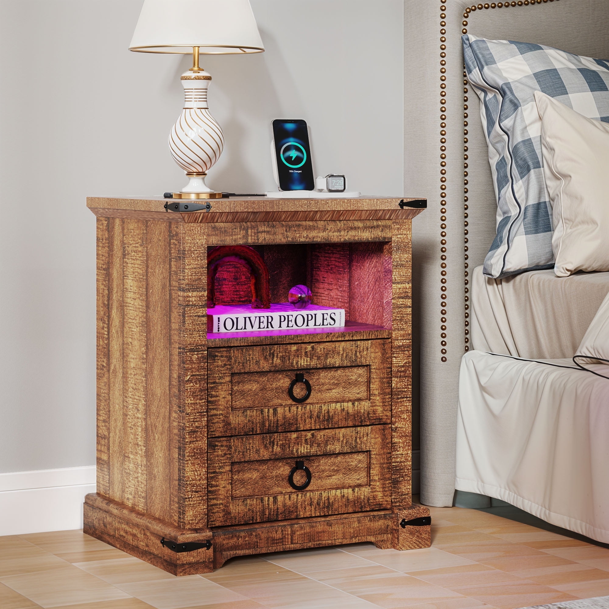 Dextrus Farmhouse LED Nightstand w/Charging Station, LED End Table Side ...