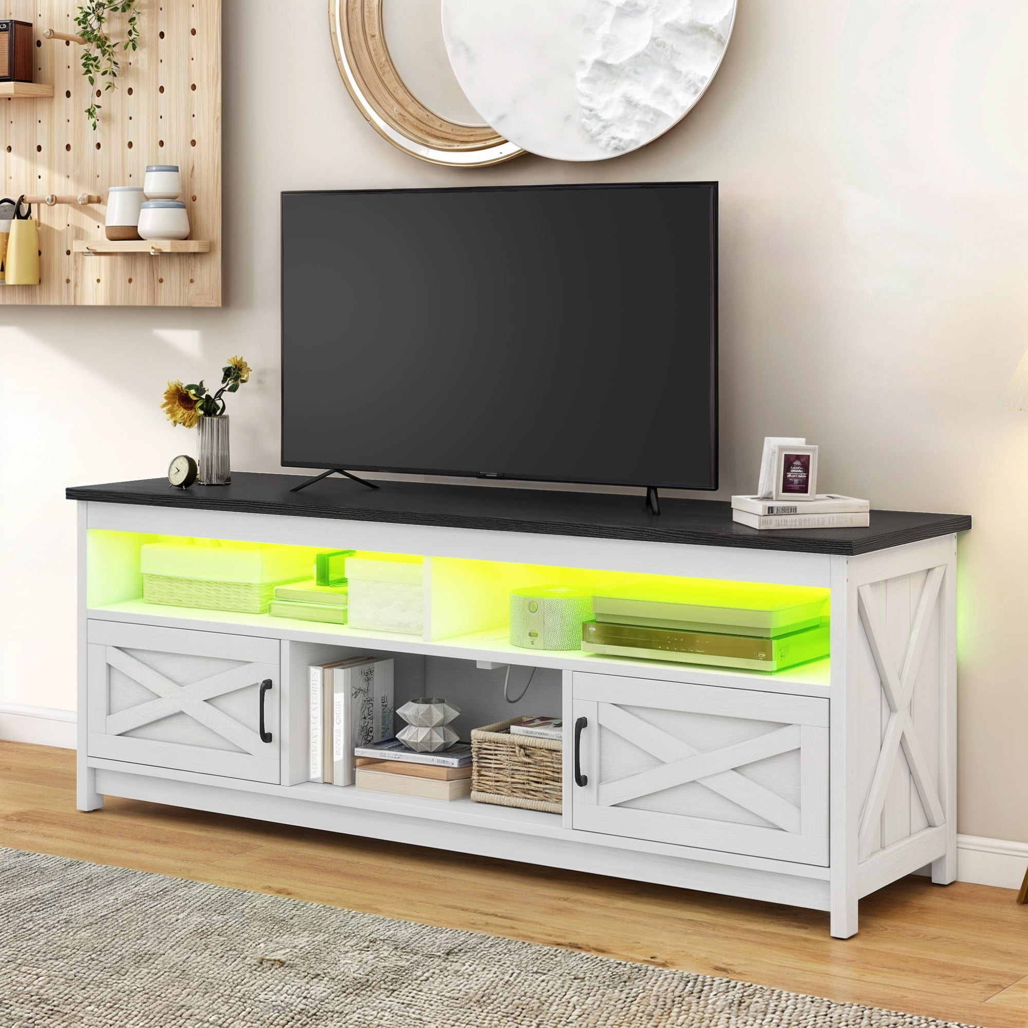 Dextrus Farmhouse LED TV Stand with Power Outlet, Media Entertainment ...