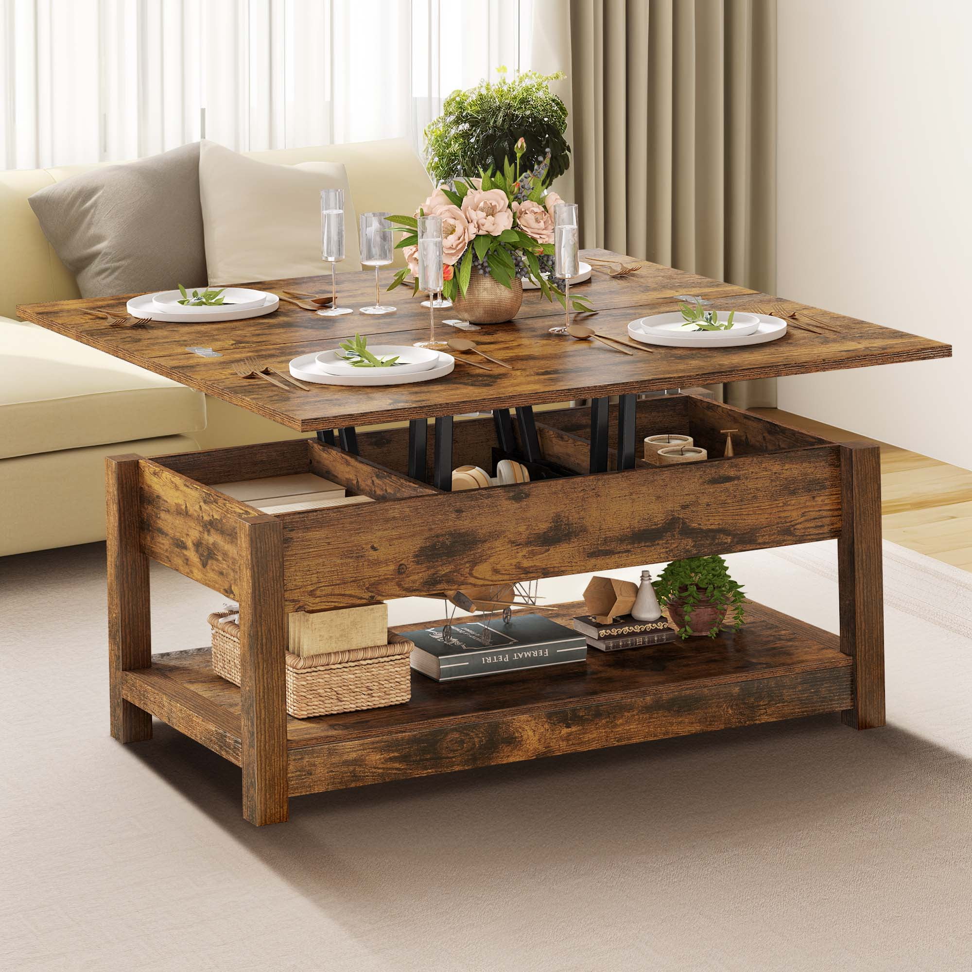 Dextrus Farmhouse Lift Top Coffee Table, 3 in 1 Multi-Function Center ...