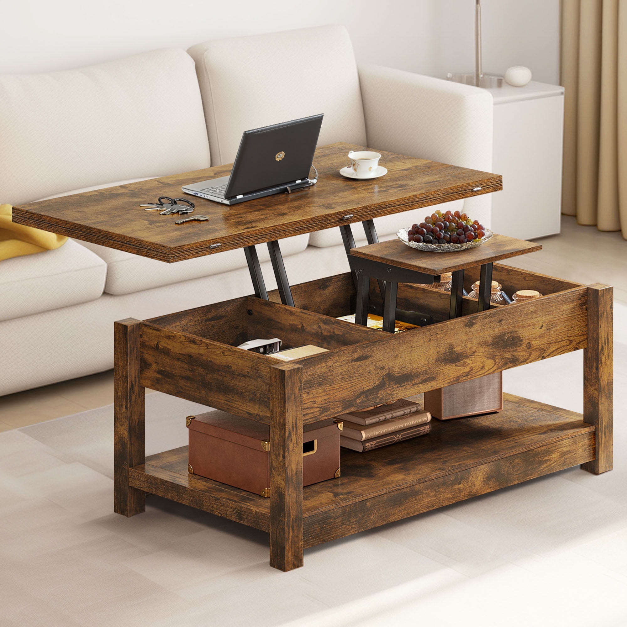 Dextrus Farmhouse Lift Top Coffee Table, 3 in 1 Multi-Function Center ...