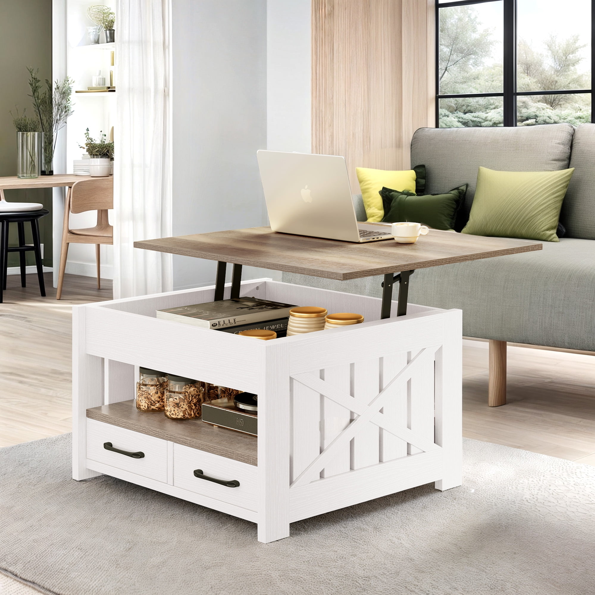 Dextrus Farmhouse Lift Top Coffee Table with Shelf and Drawers, Square ...