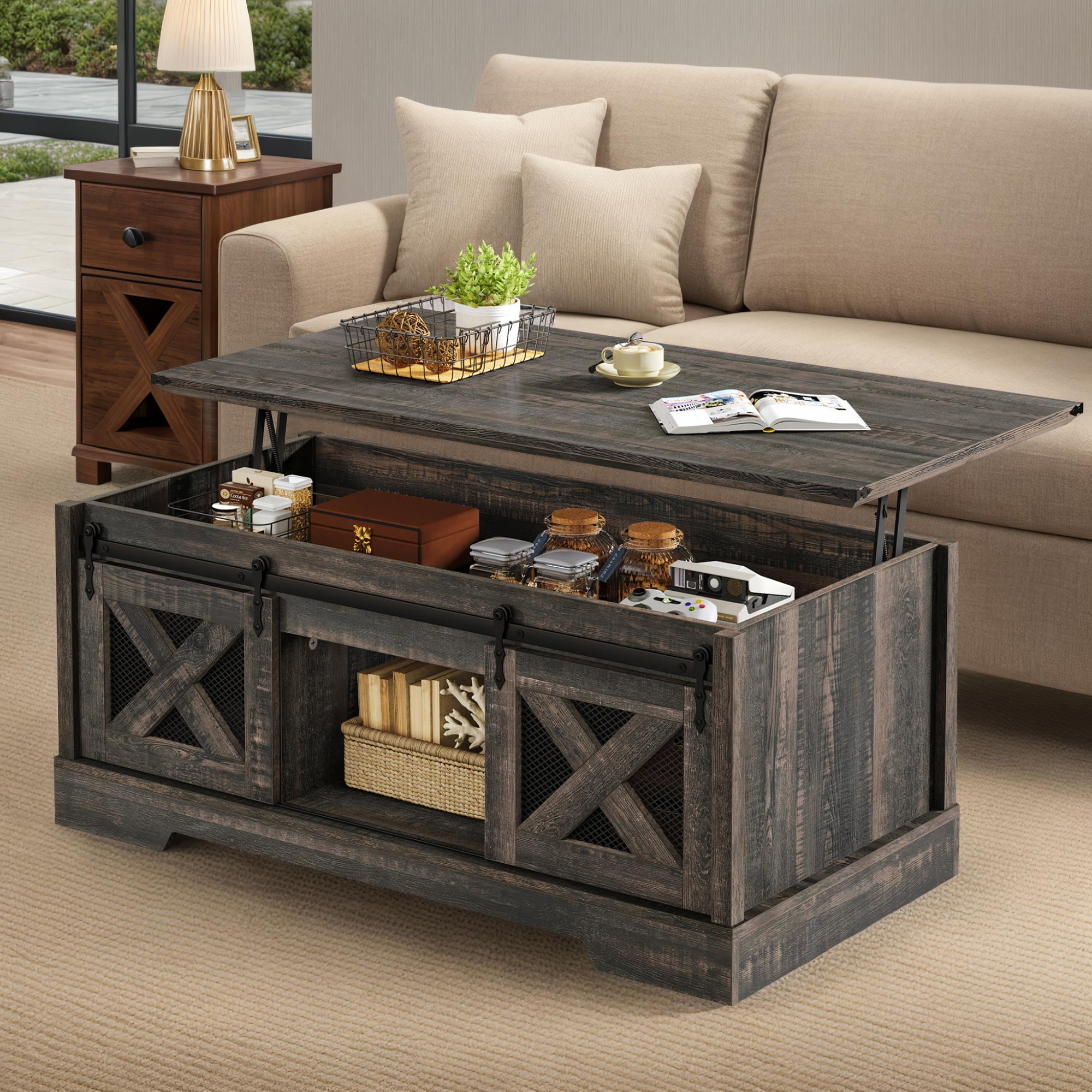 Dextrus Farmhouse Lift Top Coffee Table with Storage & Sliding Door ...