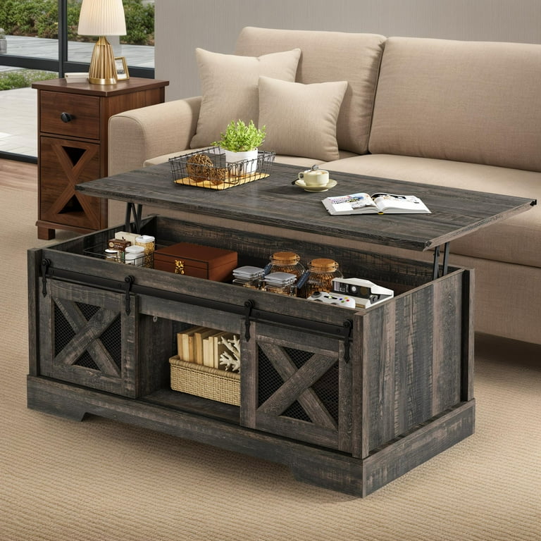 Dextrus Farmhouse Lift Top Coffee Table with Storage Sliding Door Rustic Center Table for Living Room Rustic Oak Size 21.65 inchd x 47.24 inchw