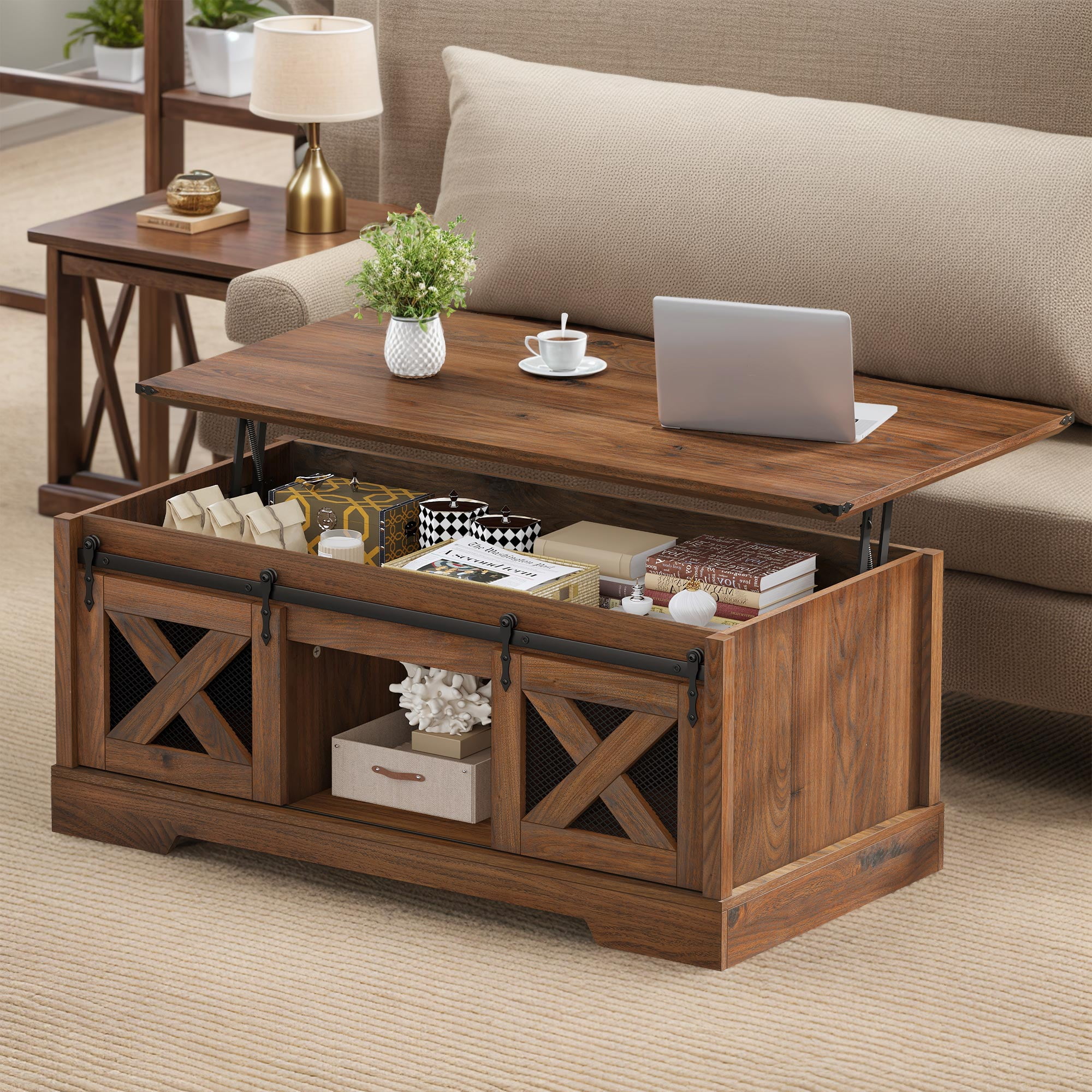 Dextrus Farmhouse Lift Top Coffee Table with Storage & Sliding Door ...